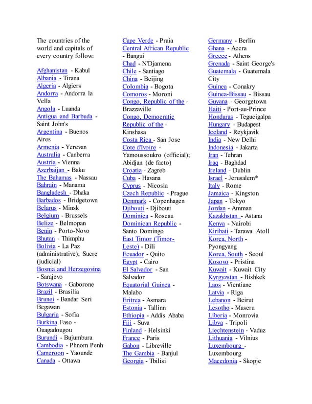 The countries of the world and capitals of every country follow | PDF