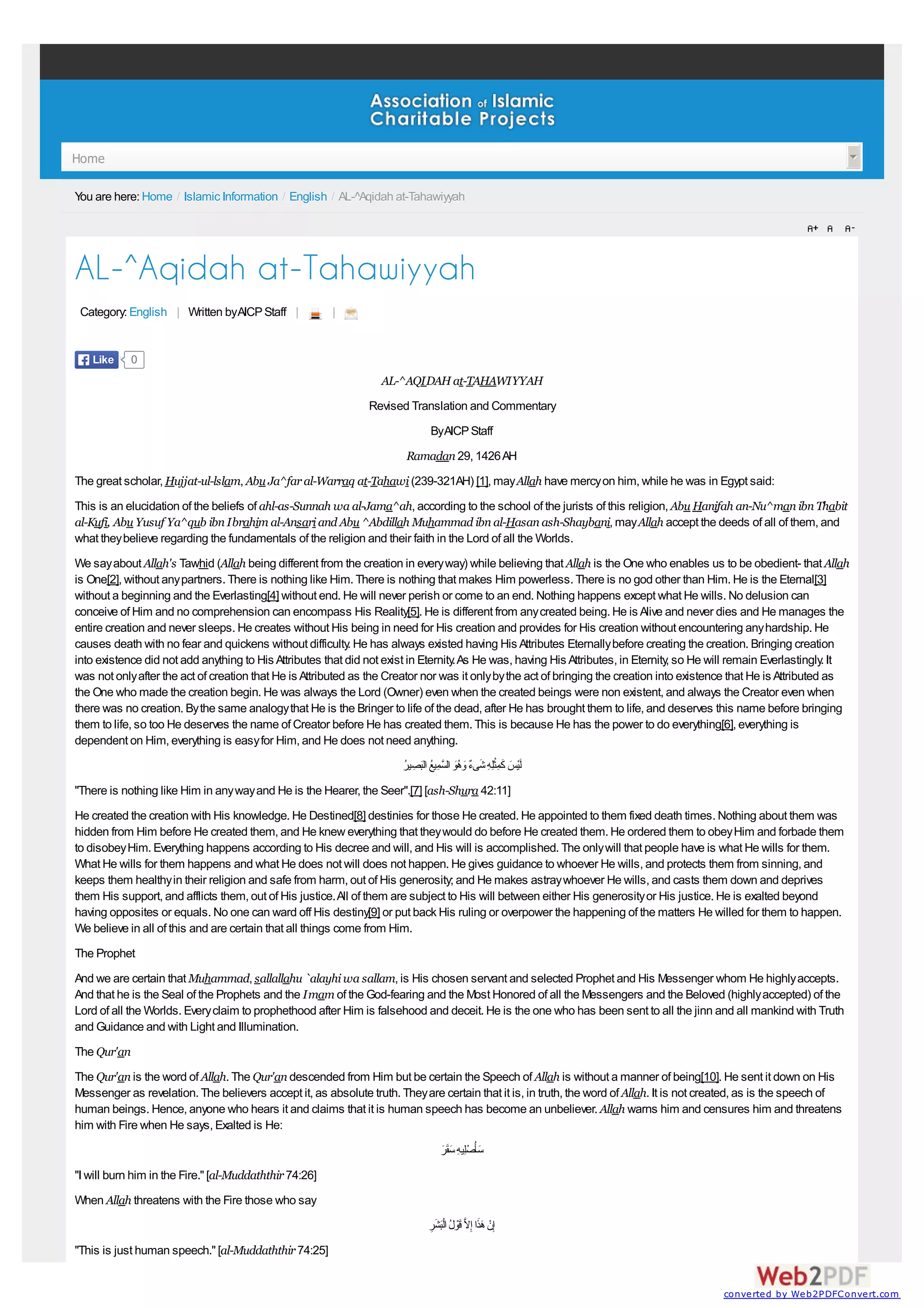 The Creed of at-Tahawiyy-AL-^AQIDAH at-TAHAWIYYAH | PDF