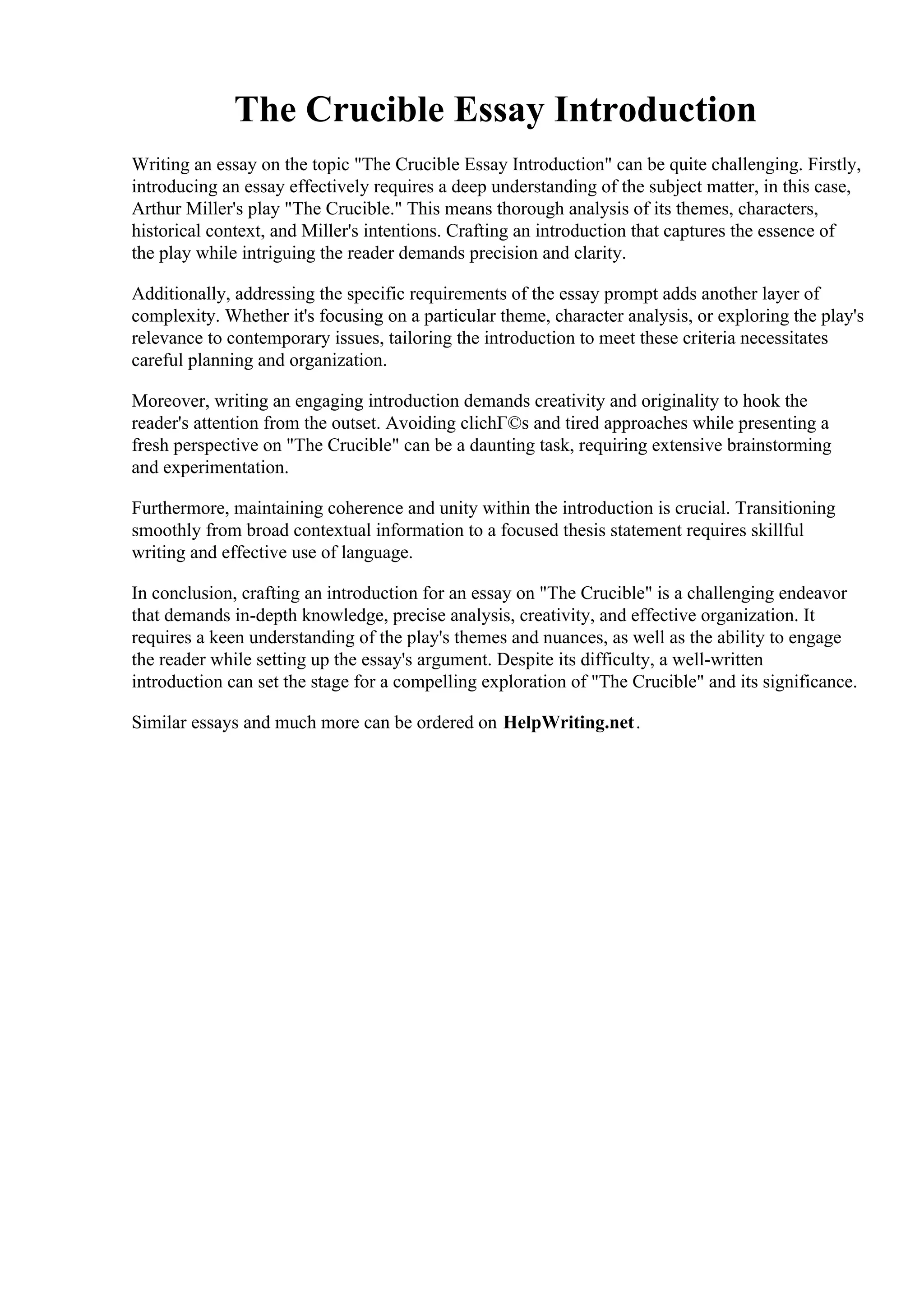 The Crucible Essay Introduction | PDF