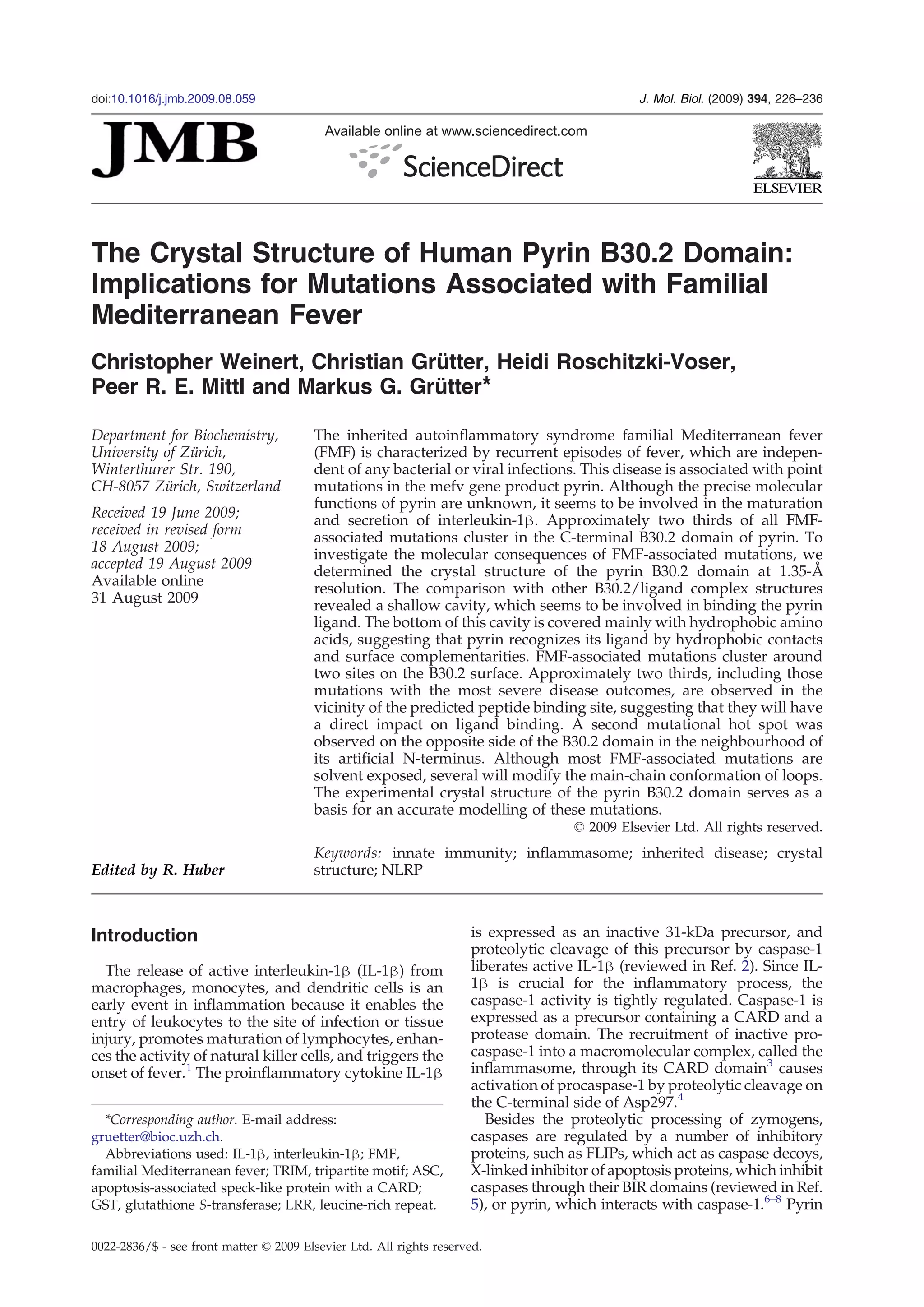 The crystal structure of human pyrin B30. 2 domain: implications for ...