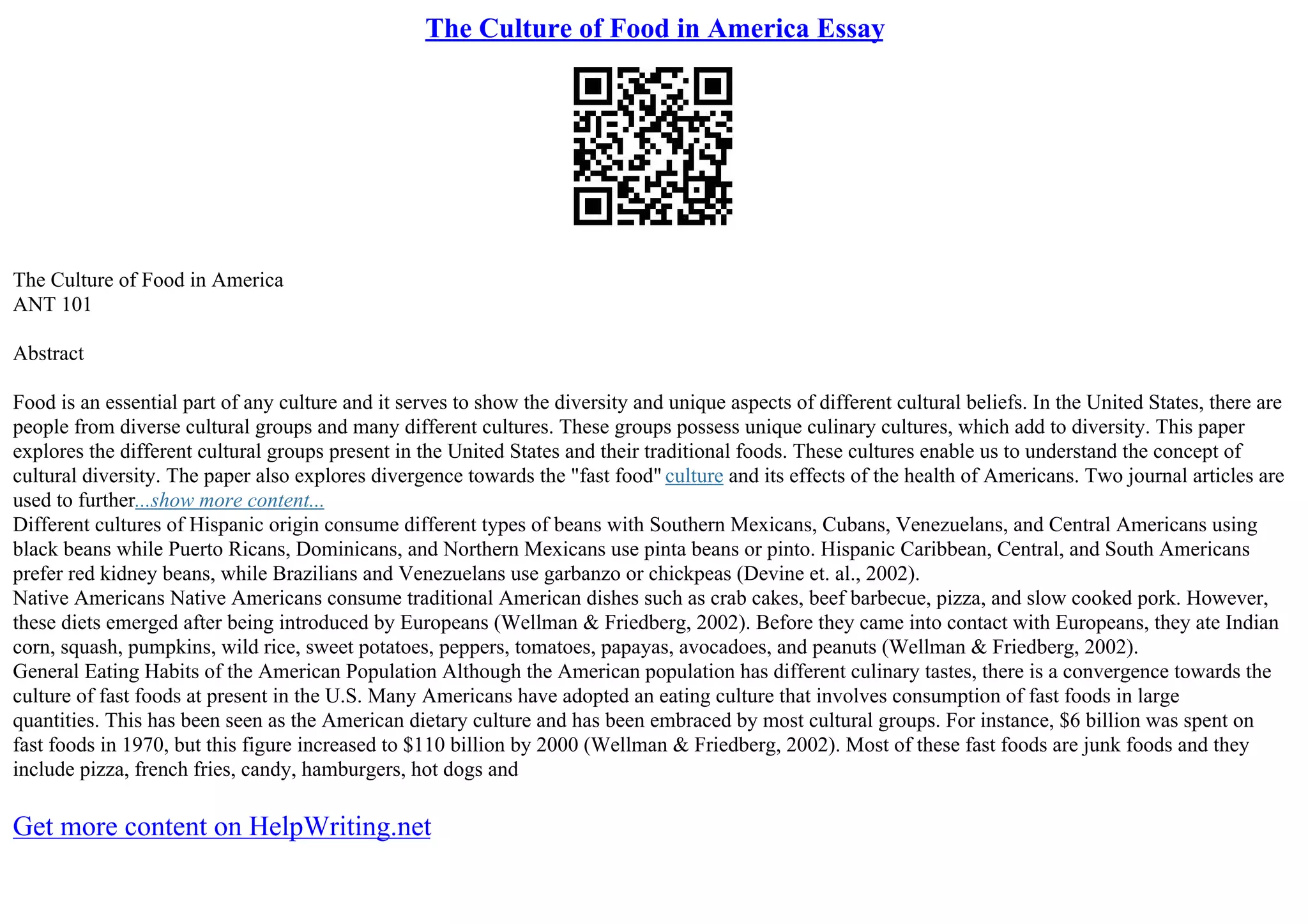 The Culture Of Food In America Essay | PDF