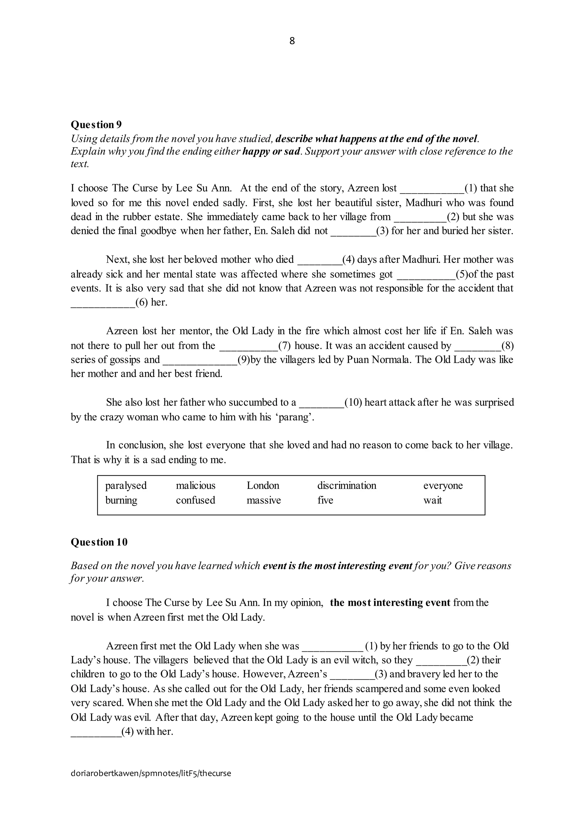 The Curse - Model Questions and Answers (SPM) | DOCX