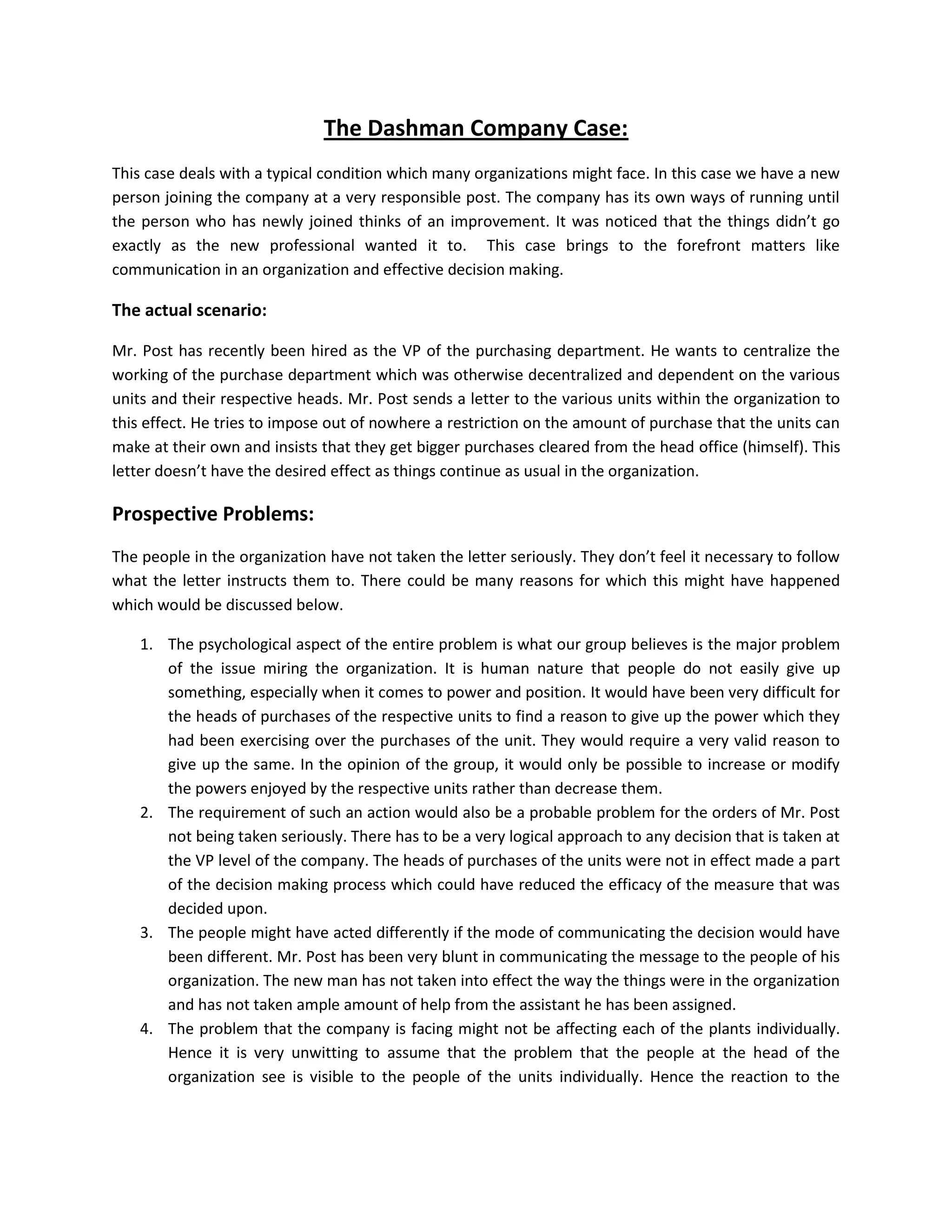 The dashman company case group 8 | DOCX