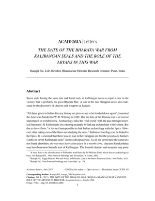 THE DATE OF THE BHARATA WAR FROM KALIBANGAN SEALS AND THE ROLE OF THE ...