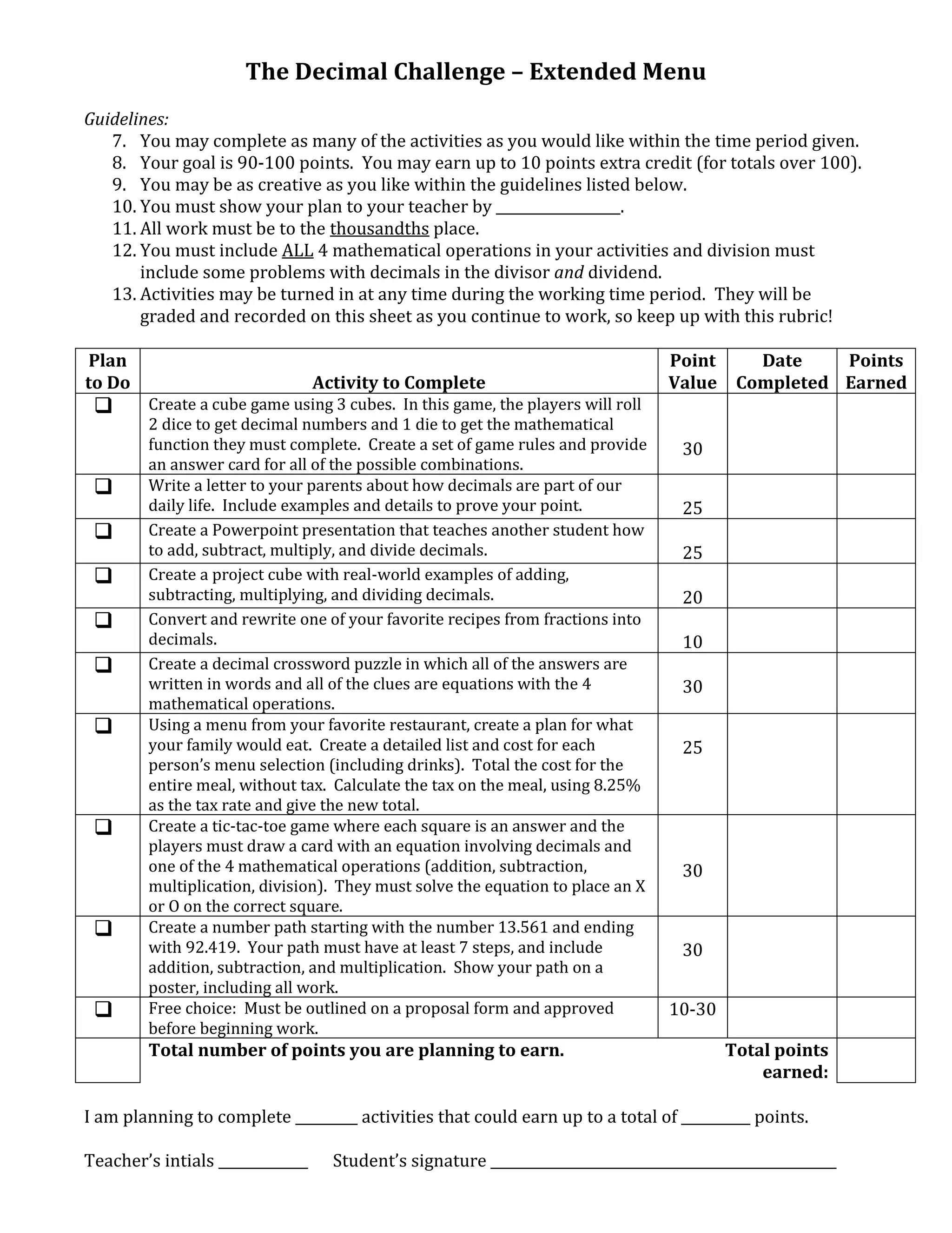 Decimal Challege Menus | DOCX | Games and Puzzles | Hobbies & Interests