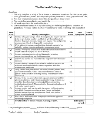 Decimal Challege Menus | DOCX