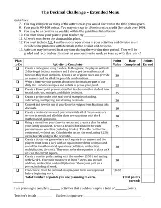 Decimal Challege Menus | DOCX