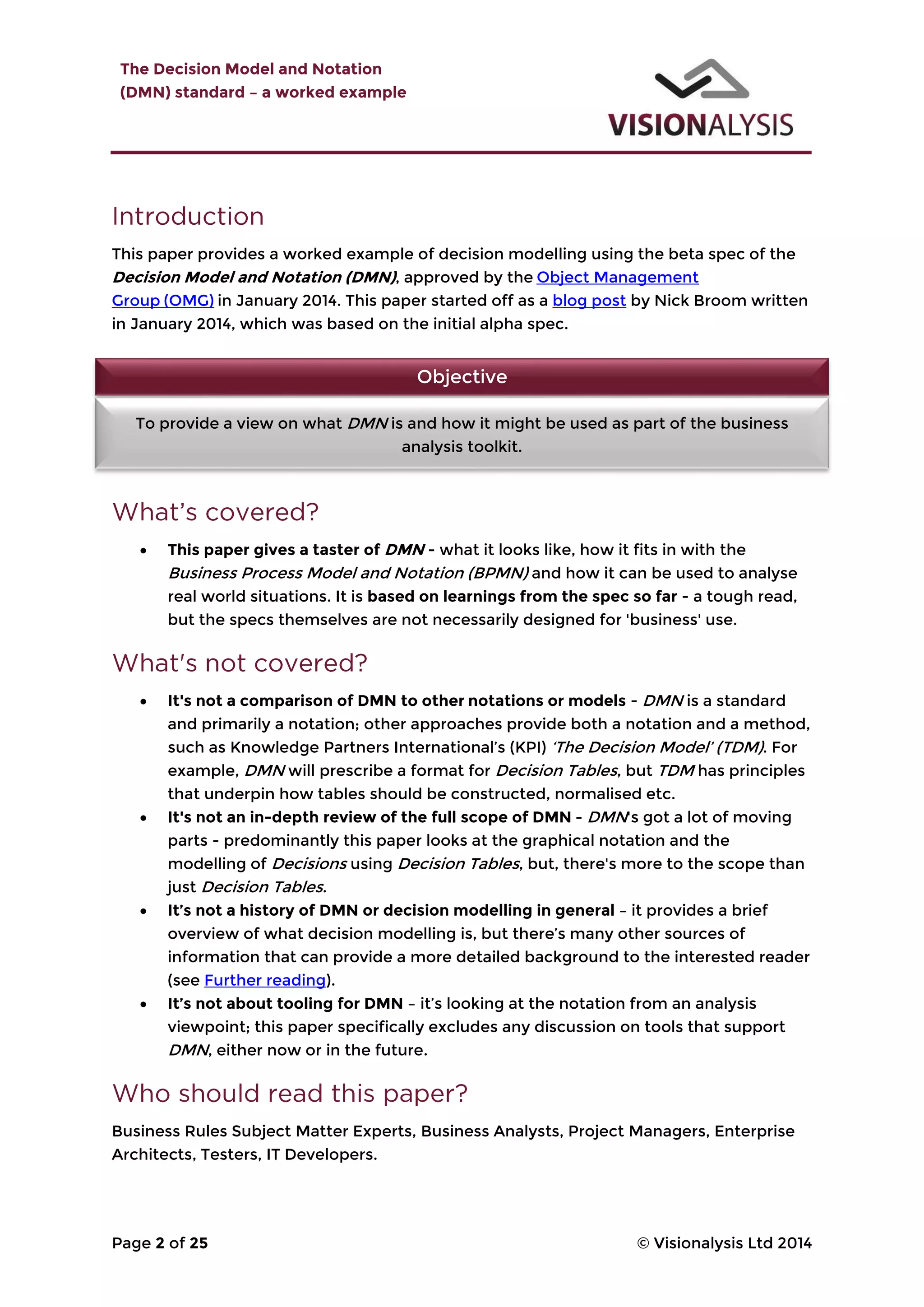 Decision model and notation (DMN standard explained. A worked example ...