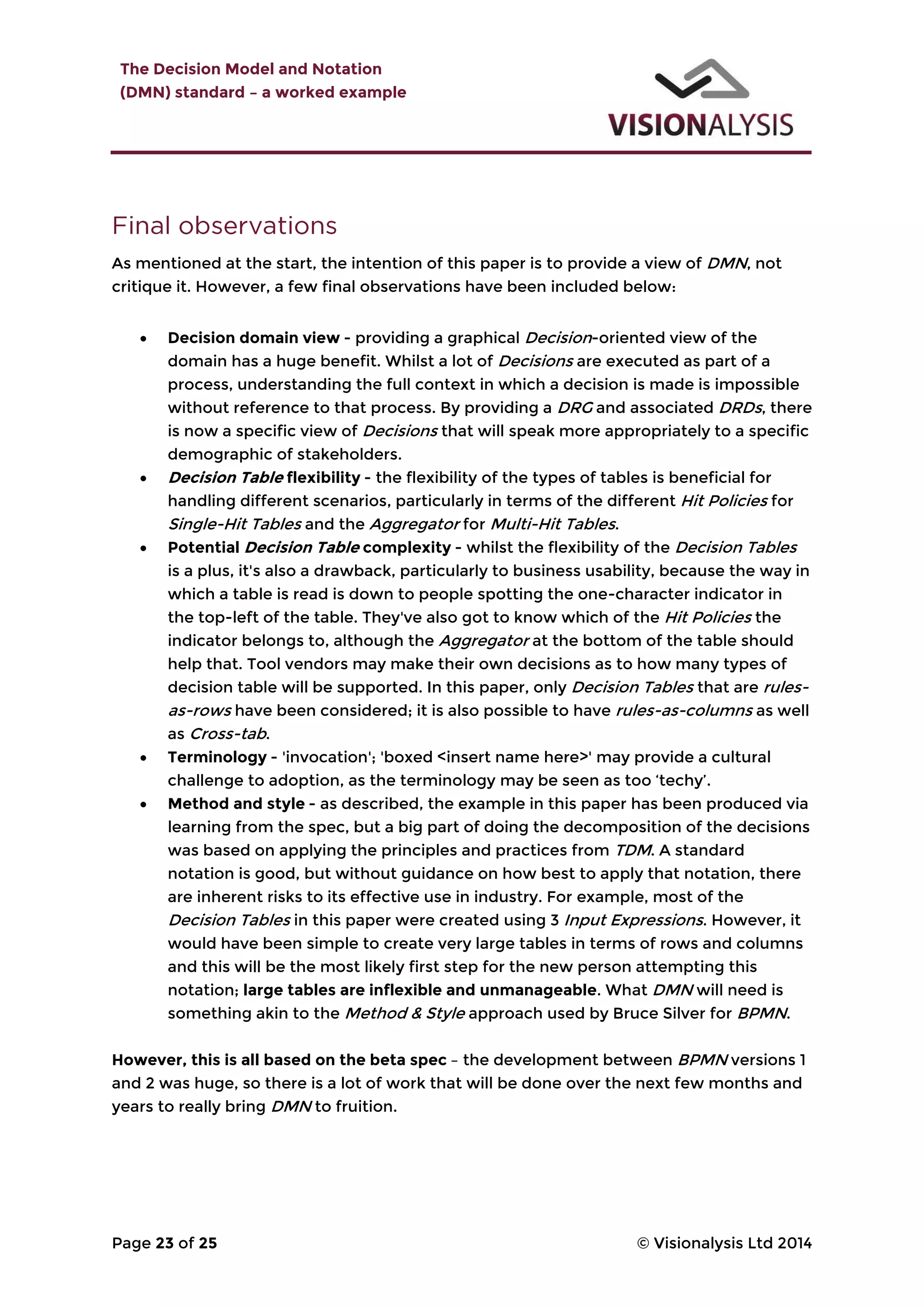 Decision model and notation (DMN standard explained. A worked example by Nick Broom | PDF