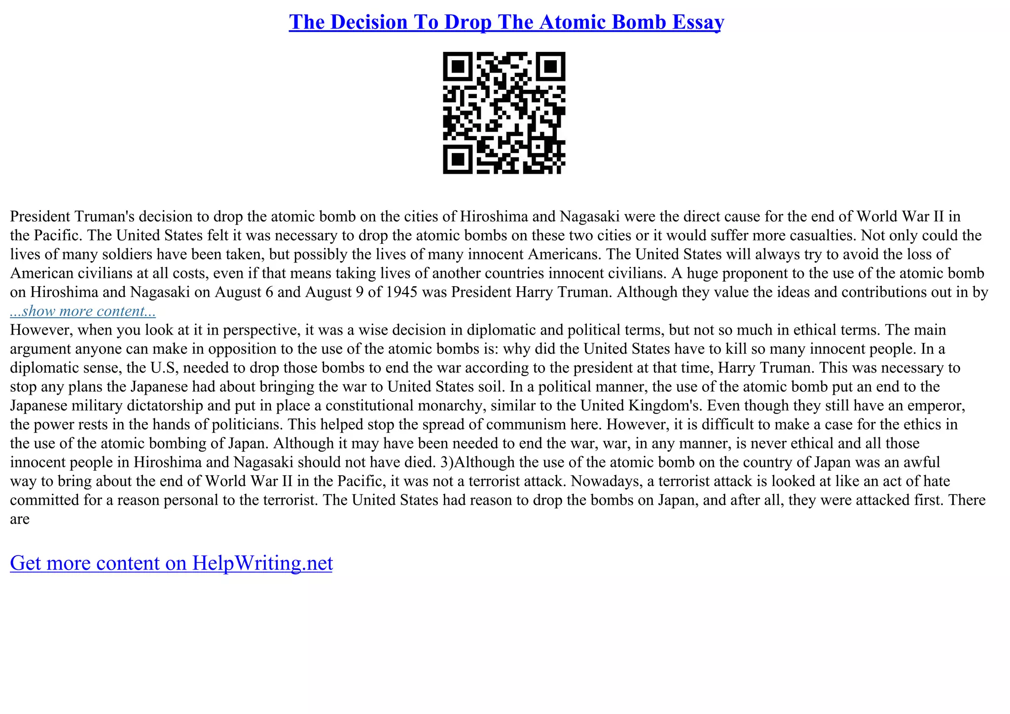 The Decision To Drop The Atomic Bomb Essay | PDF