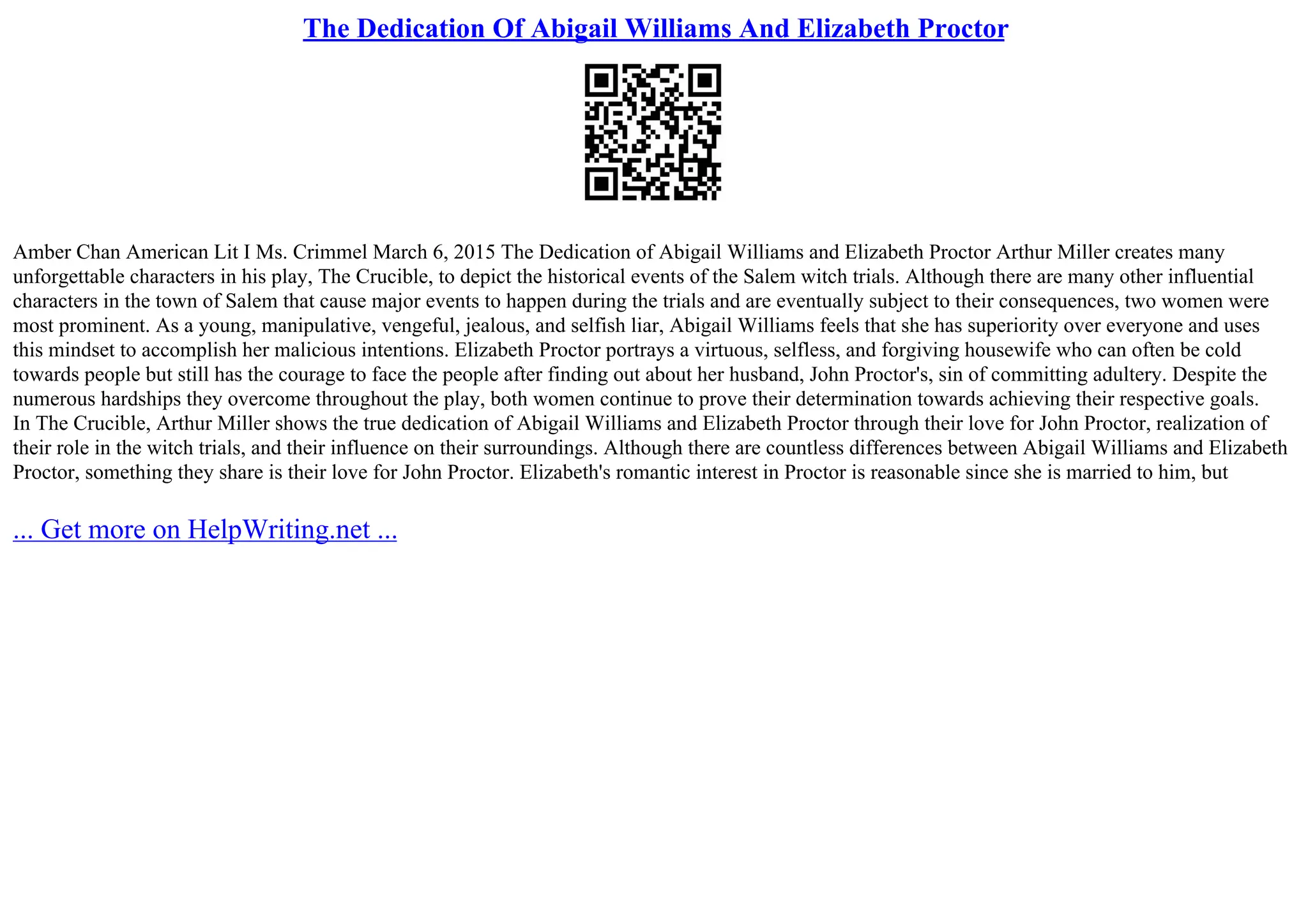 The Dedication Of Abigail Williams And Elizabeth Proctor | PPT