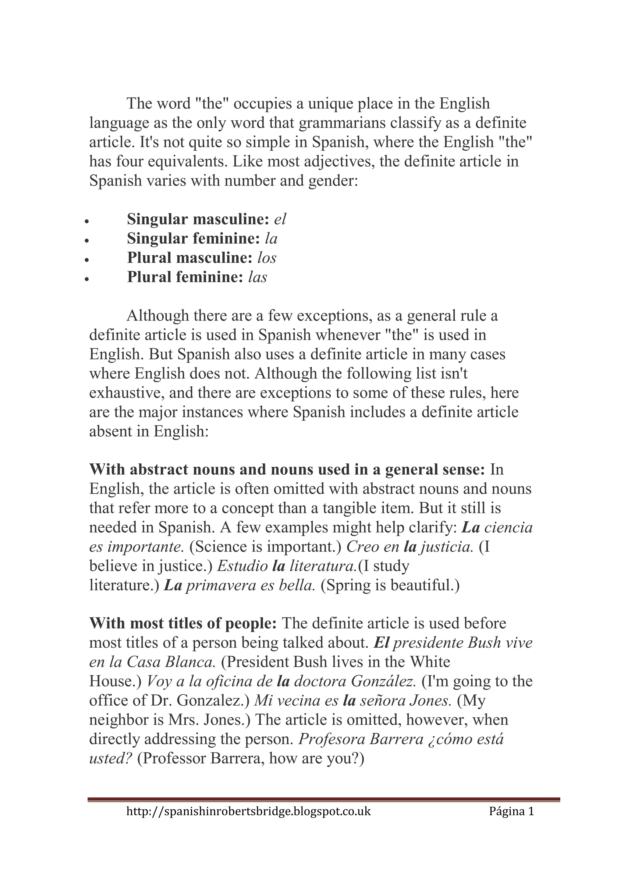 The definite article.el articulo definido. reglas generales | PDF | Technology & Computing