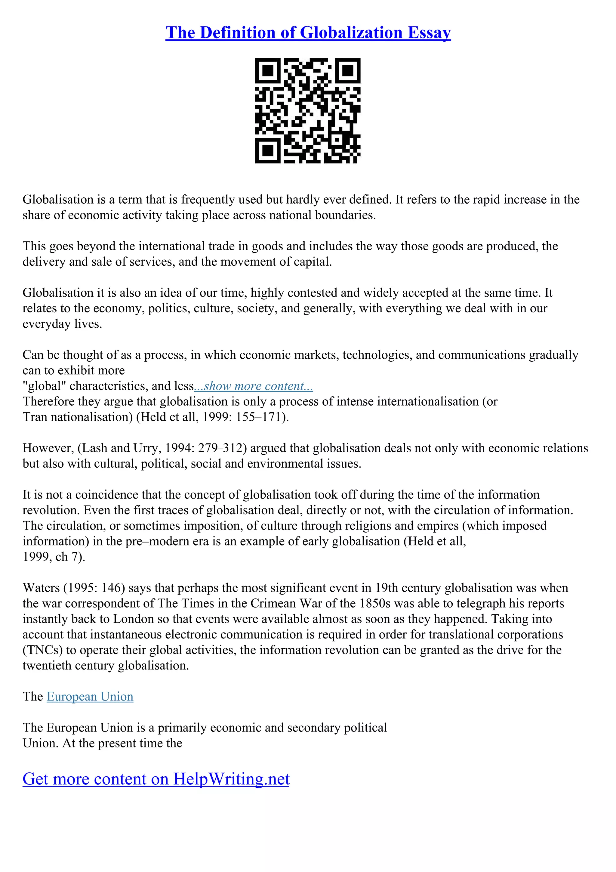 The Definition Of Globalization Essay | PDF