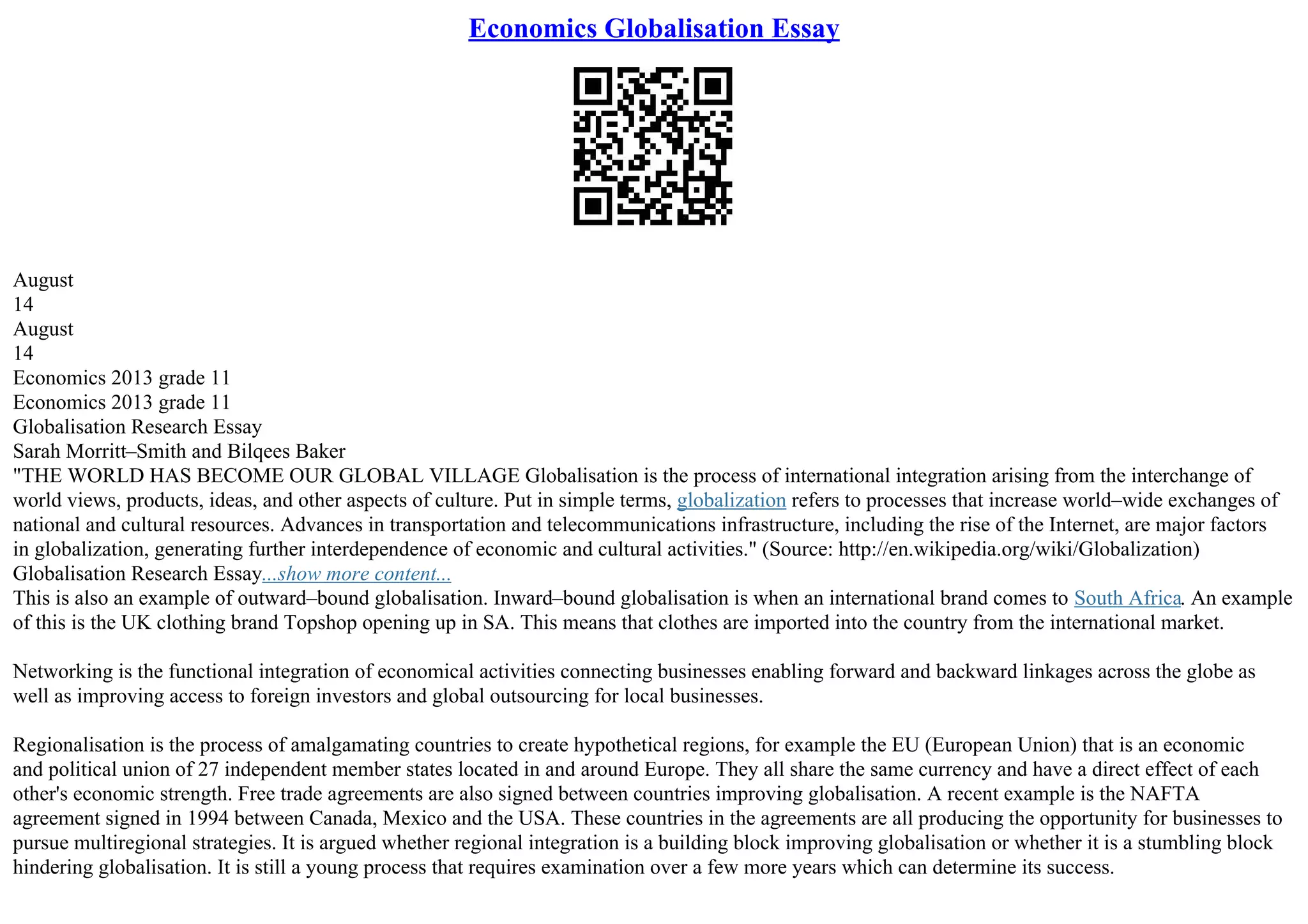 The Definition Of Globalization Essay | PDF