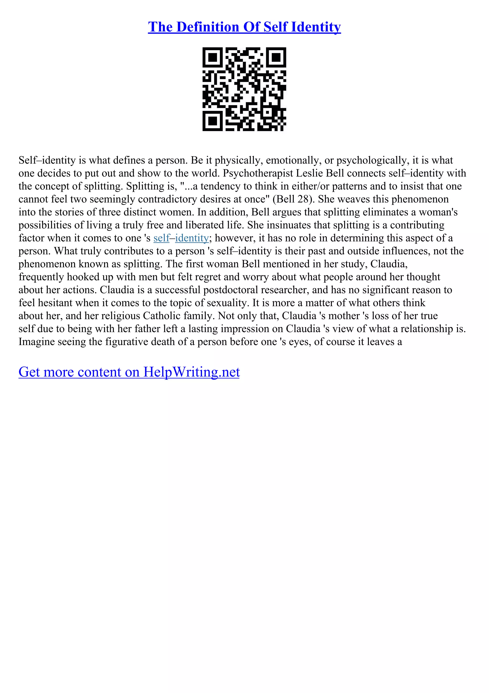 The Definition Of Self Identity | PDF