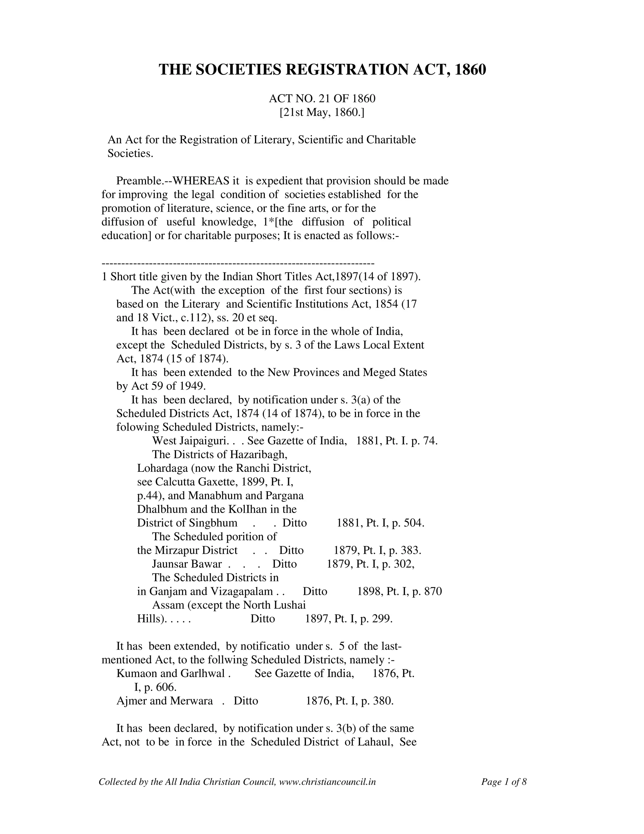 The Delhi Societies Registration Act, 1860 | PDF