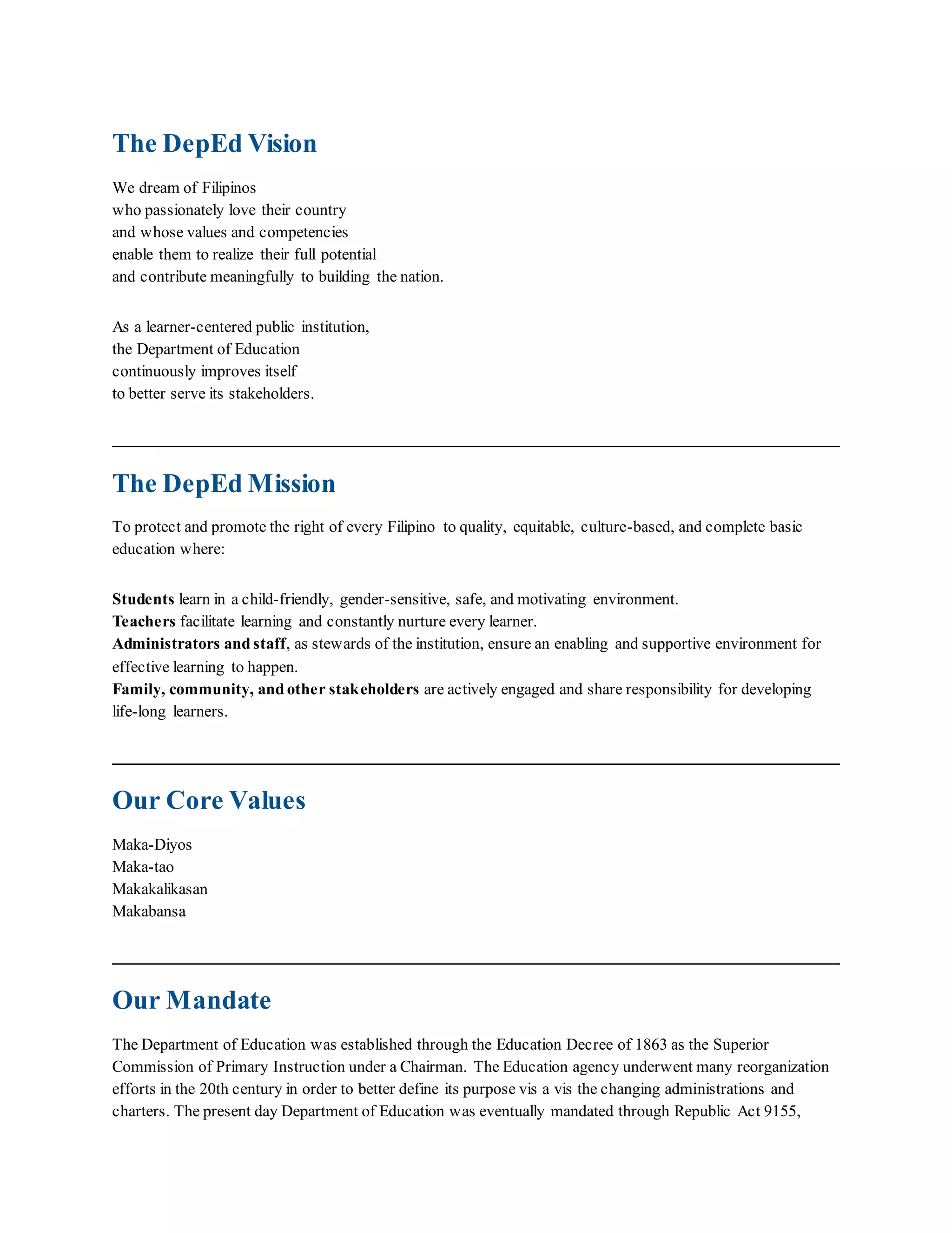 The dep ed vision mission, and core values | DOCX