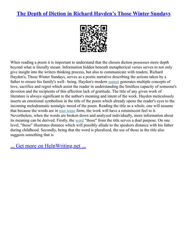 The Depth Of Diction In Richard Hayden’S Those Winter Sundays | PDF