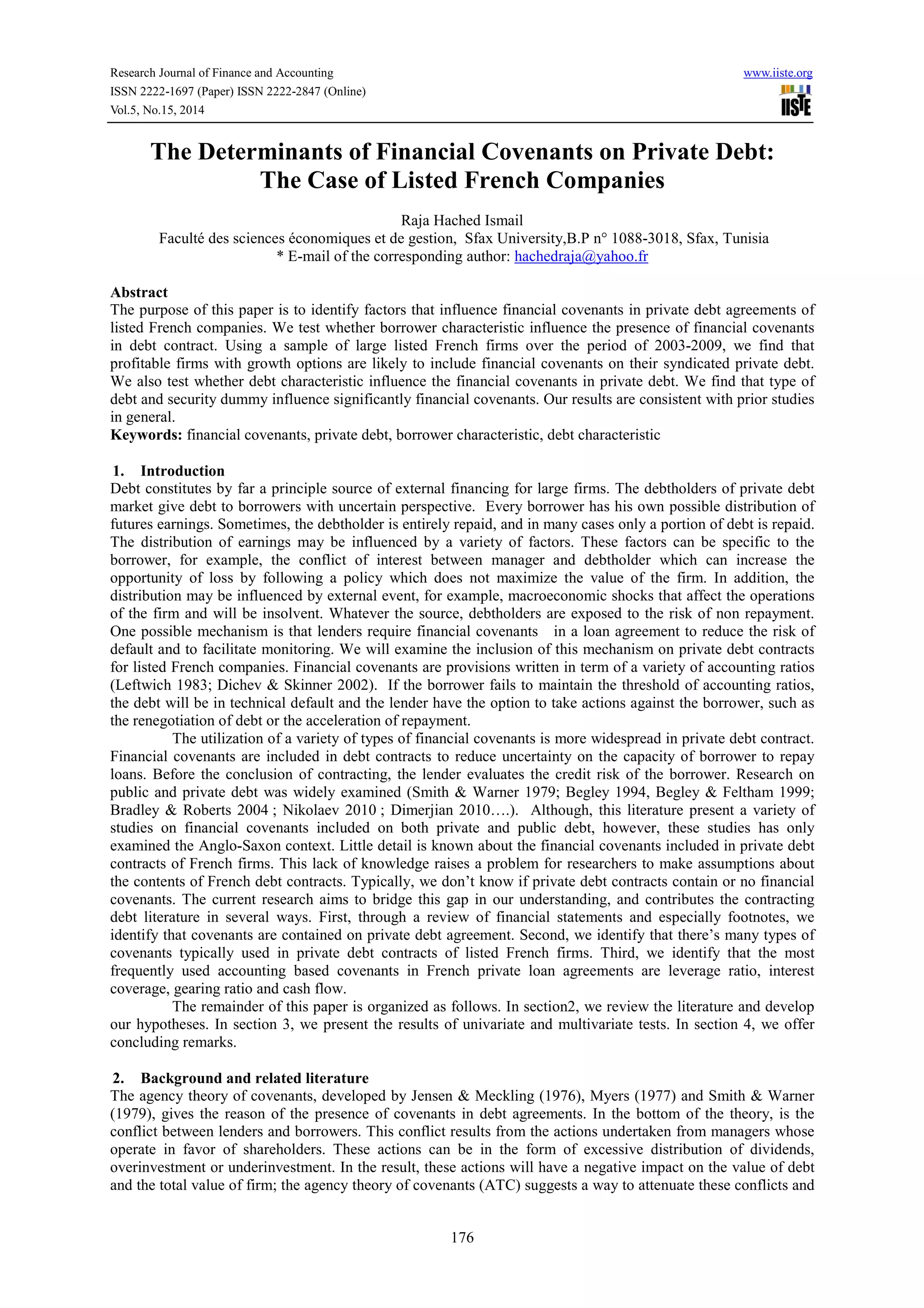 Determinants of Financial Covenants on Private Debt | PDF