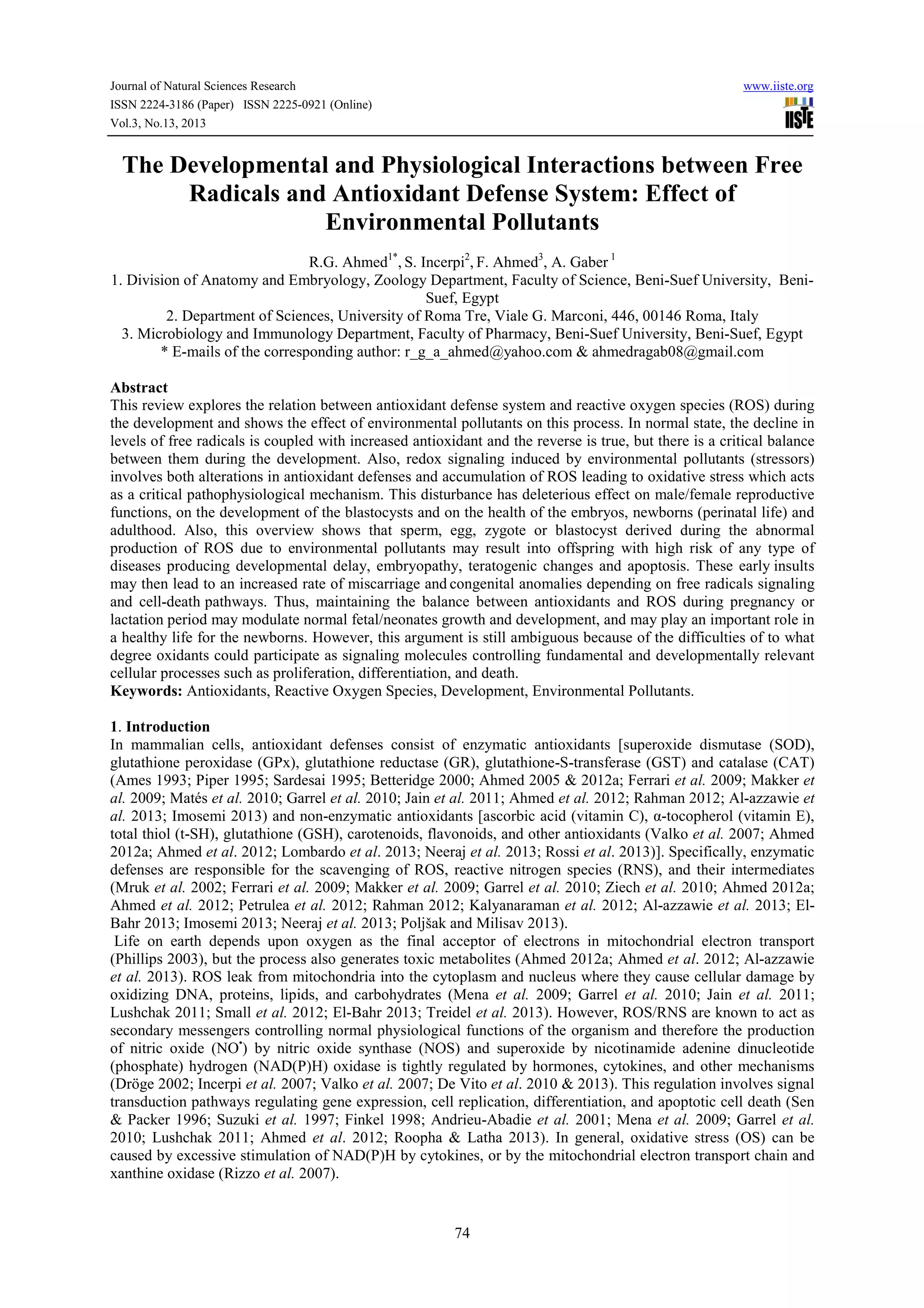 The developmental and physiological interactions between free radicals ...