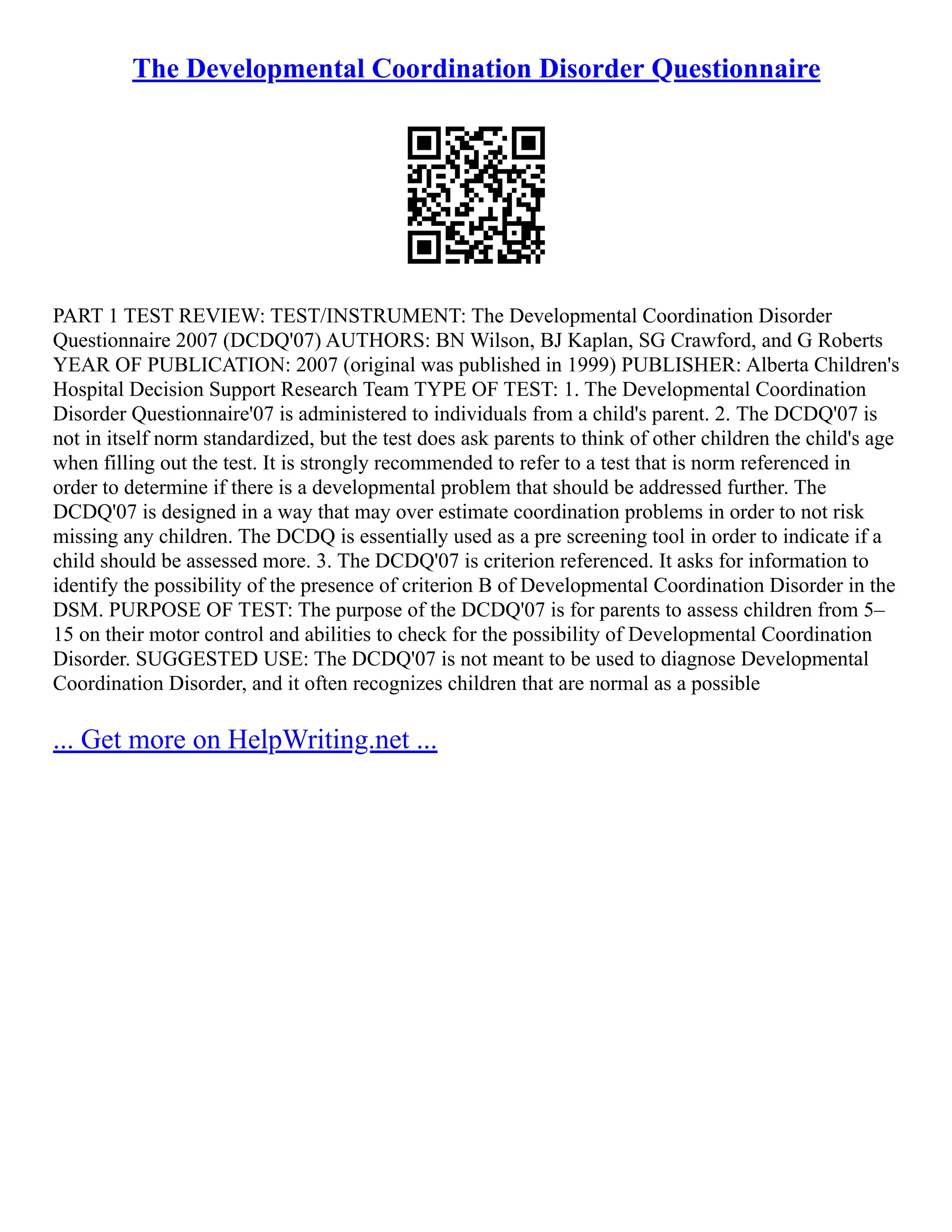 The Developmental Coordination Disorder Questionnaire | PDF