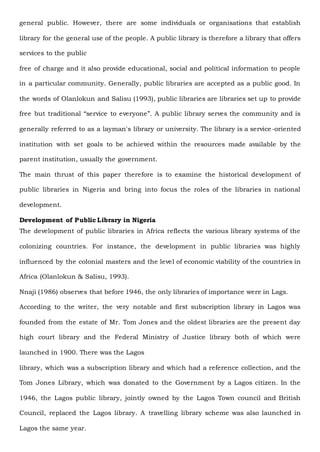 THE DEVELOPMENT AND ROLES OF PUBLIC LIBRARIES | DOCX | Education