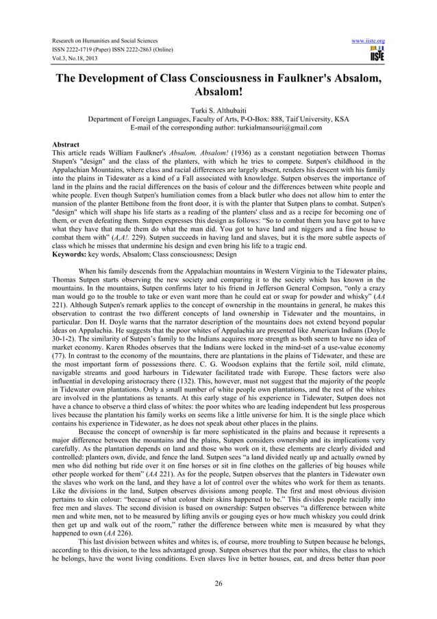 The development of class consciousness in faulkner's absalom, absalom ...