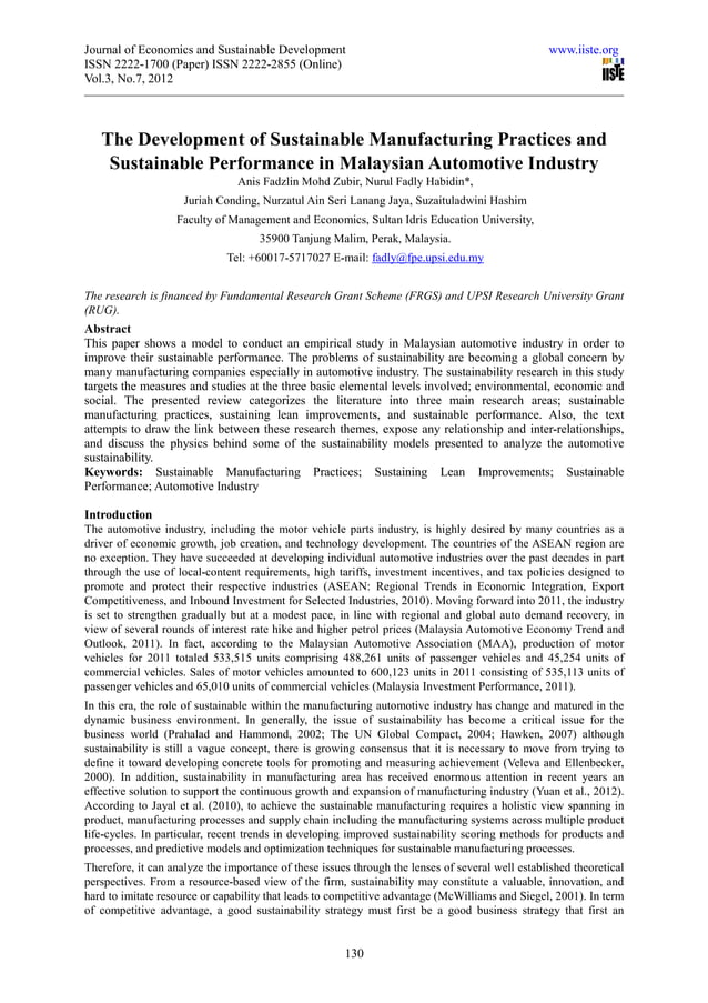 The Development Of Sustainable Manufacturing Practices And Sustainable Performance In Malaysian