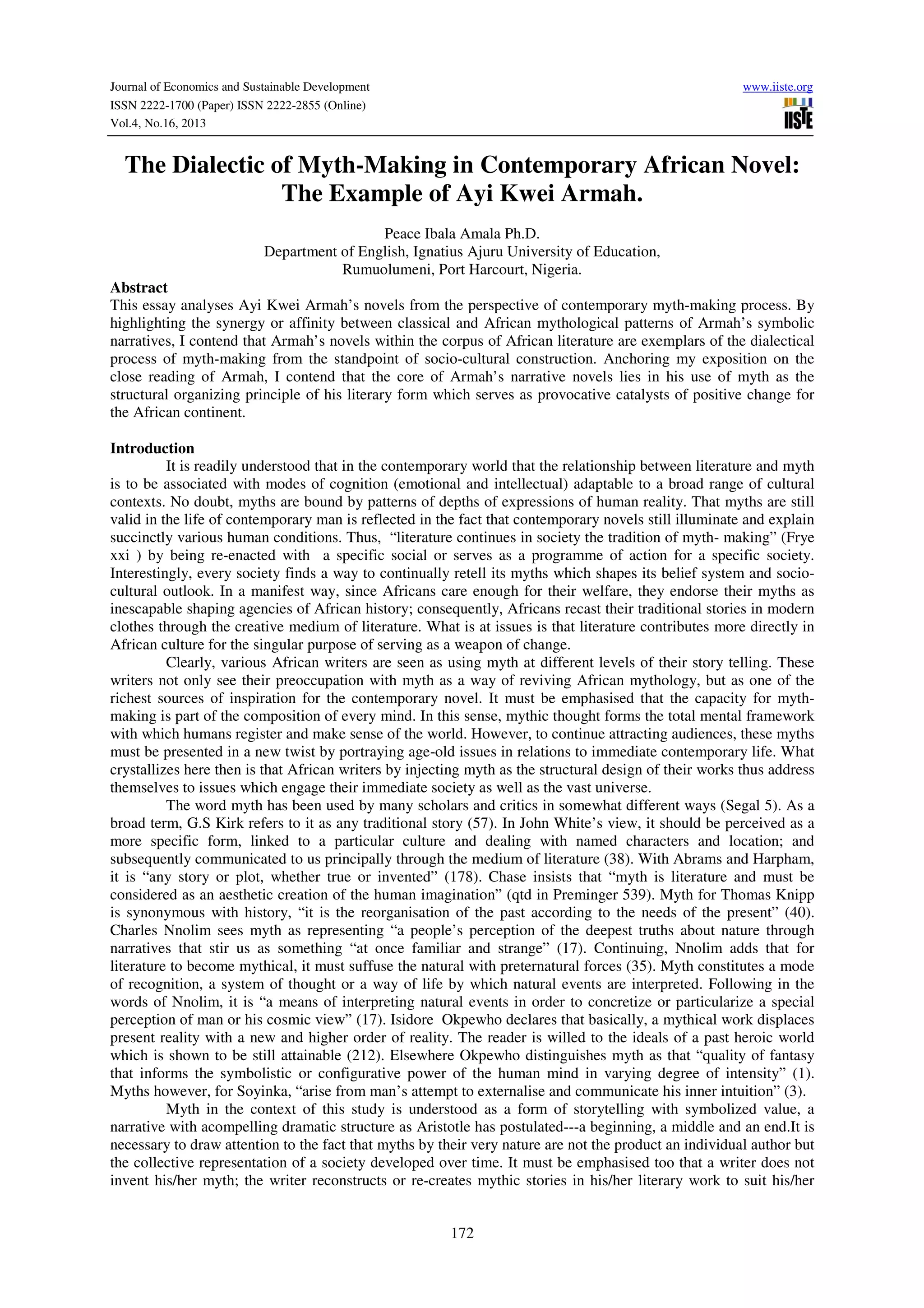 The dialectic of myth making in contemporary african novel | PDF