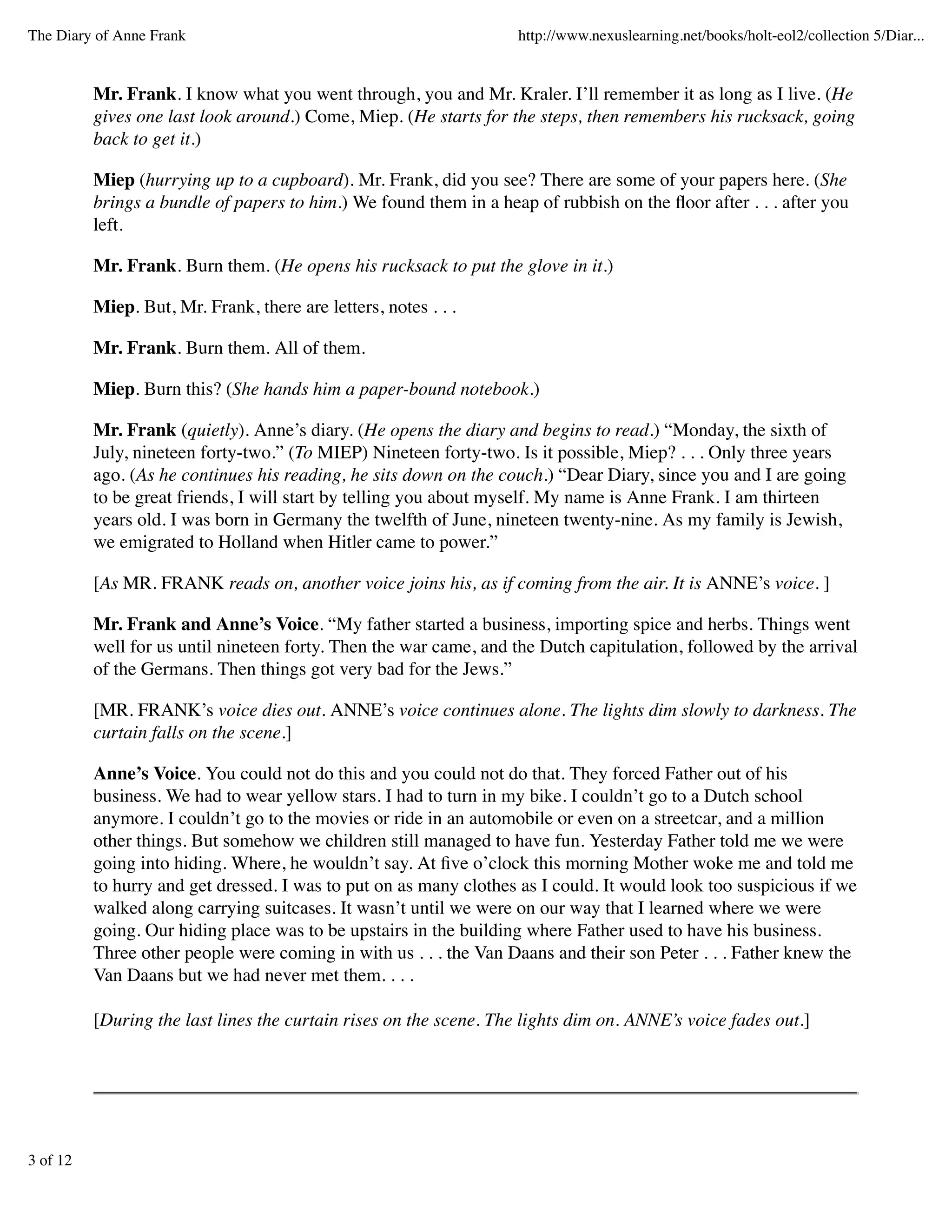 The diary of anne frank act 1 scene 1 3 | PDF