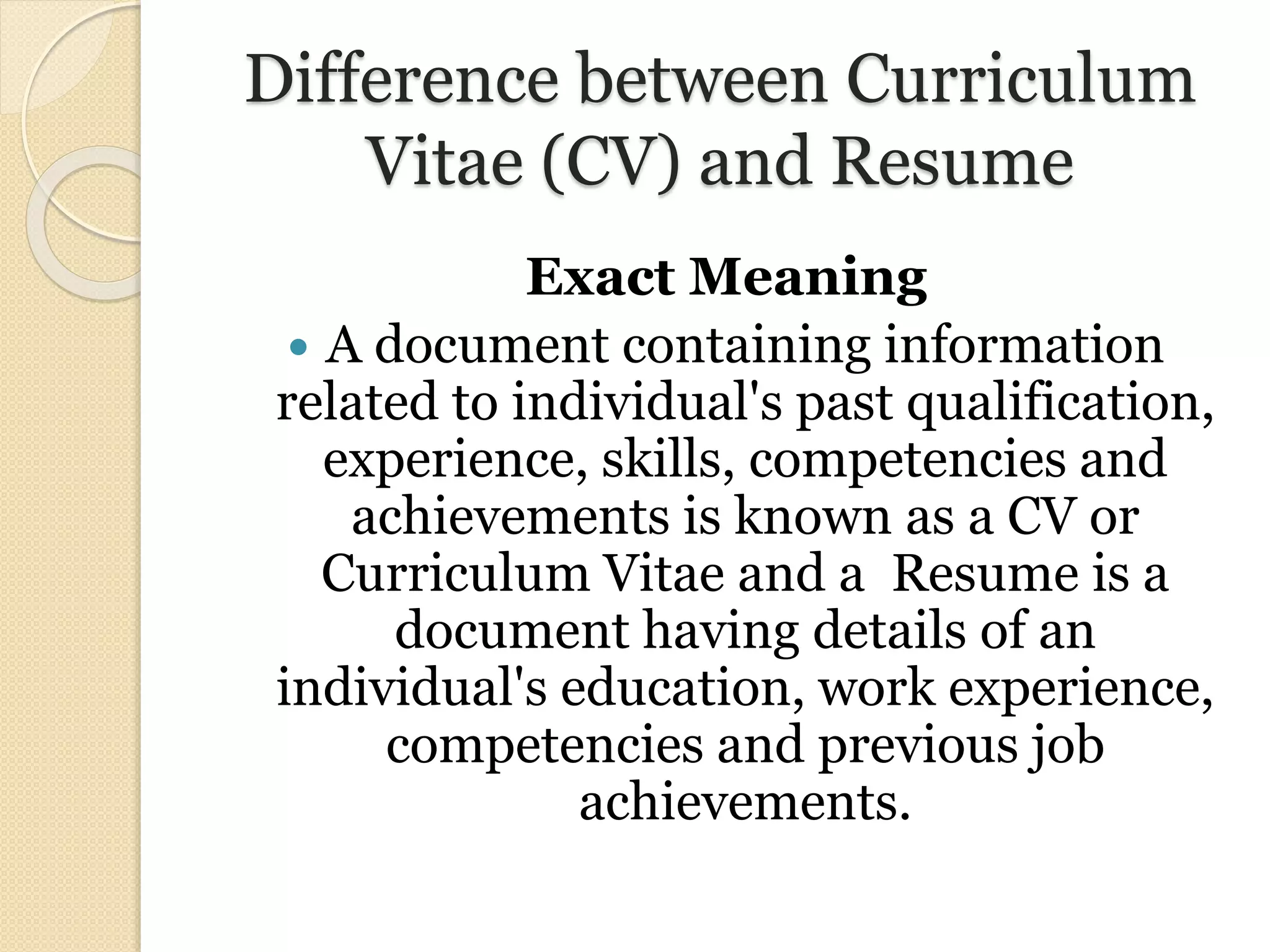 DIFFERENCE BETWEEN RESUME AND CV | PPTX