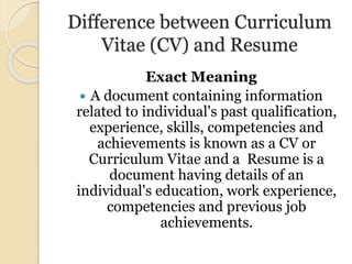DIFFERENCE BETWEEN RESUME AND CV | PPTX