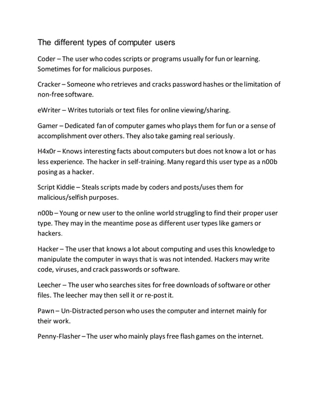 The different types of computer users | DOCX | Computing | Technology ...