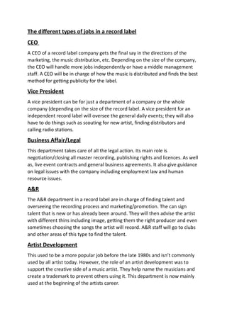 Jobs in a record label | ODT