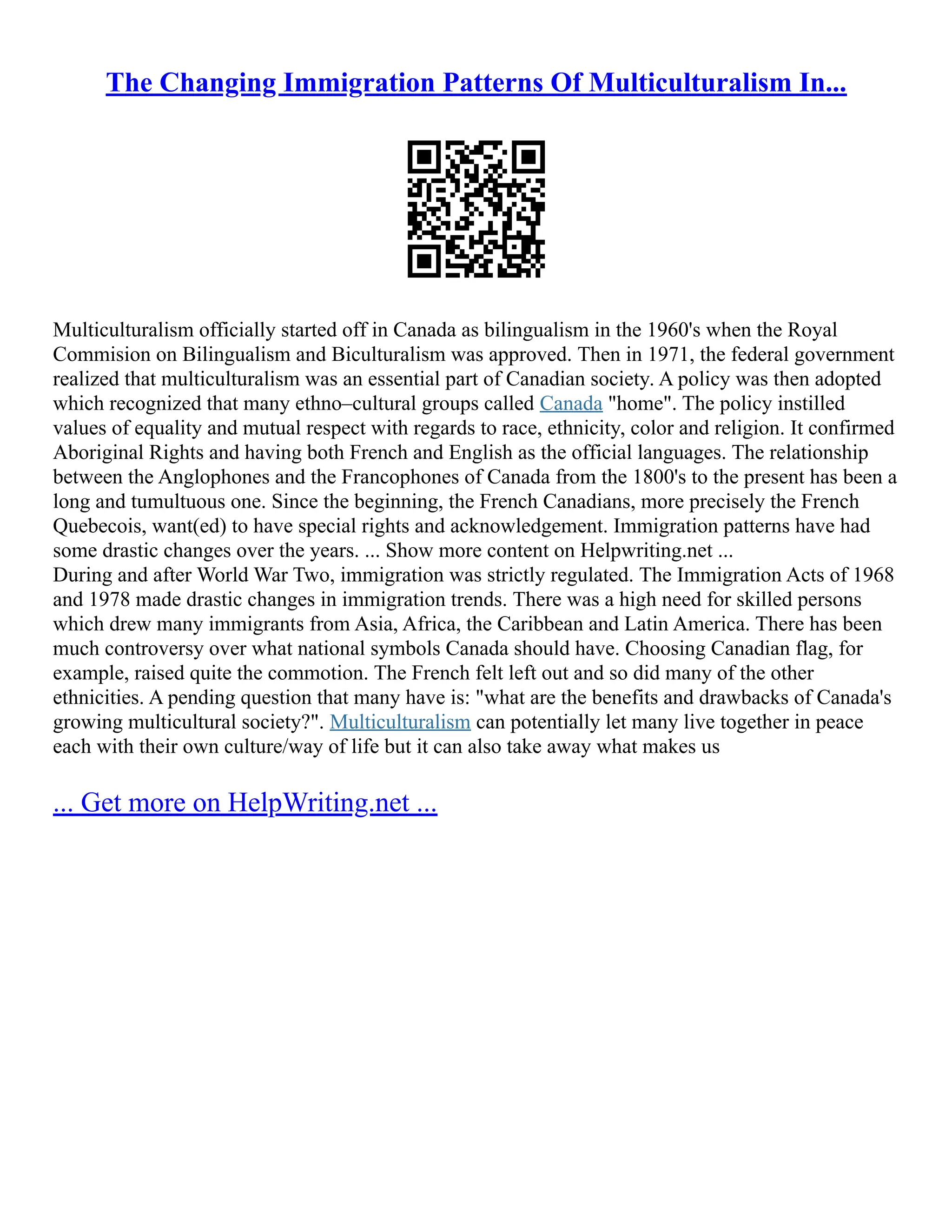 The Discourse Of Multiculturalism In Canada | PDF