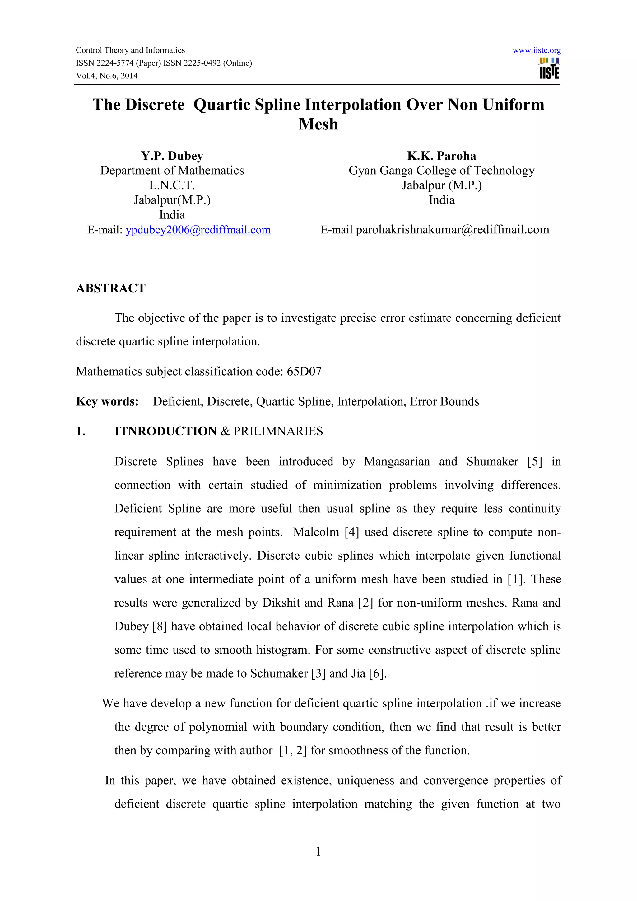 The discrete quartic spline interpolation over non uniform mesh | PDF | Science