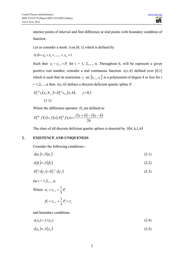The Discrete Quartic Spline Interpolation Over Non Uniform Mesh Pdf Science