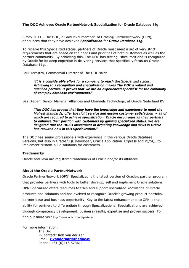 The DOC - Oracle Database Specialization (ENG) | PDF