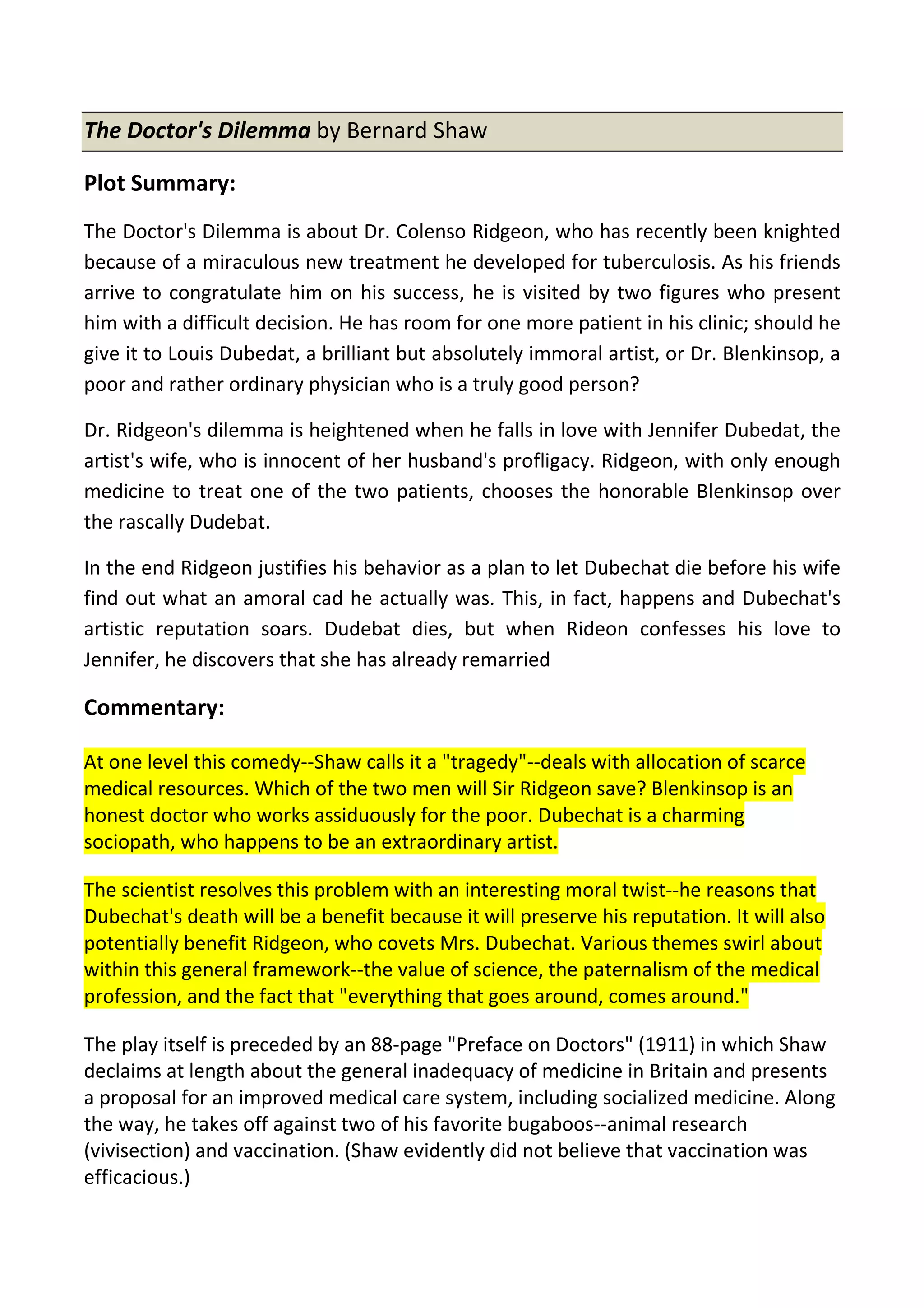 The doctor dilemma: summary & commentry | PDF