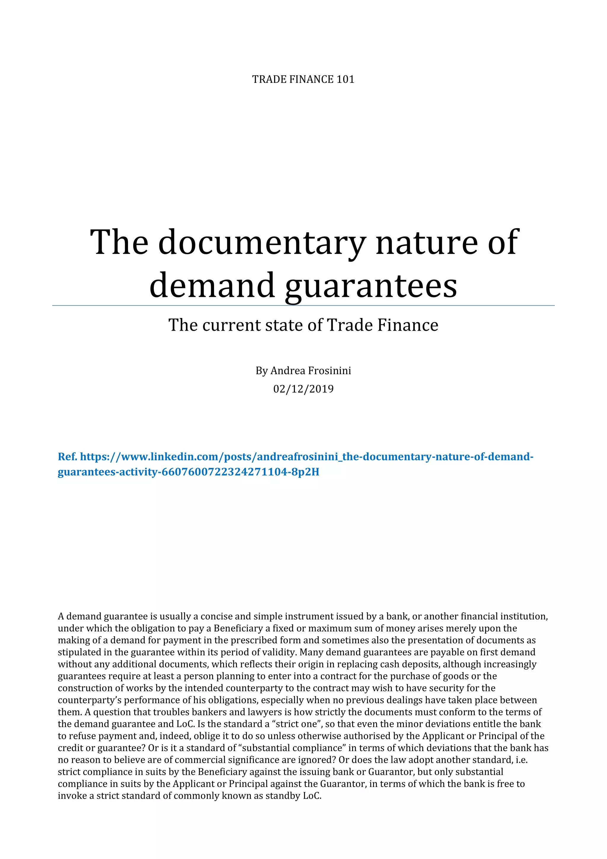 The documentary nature of demand guarantees | PDF