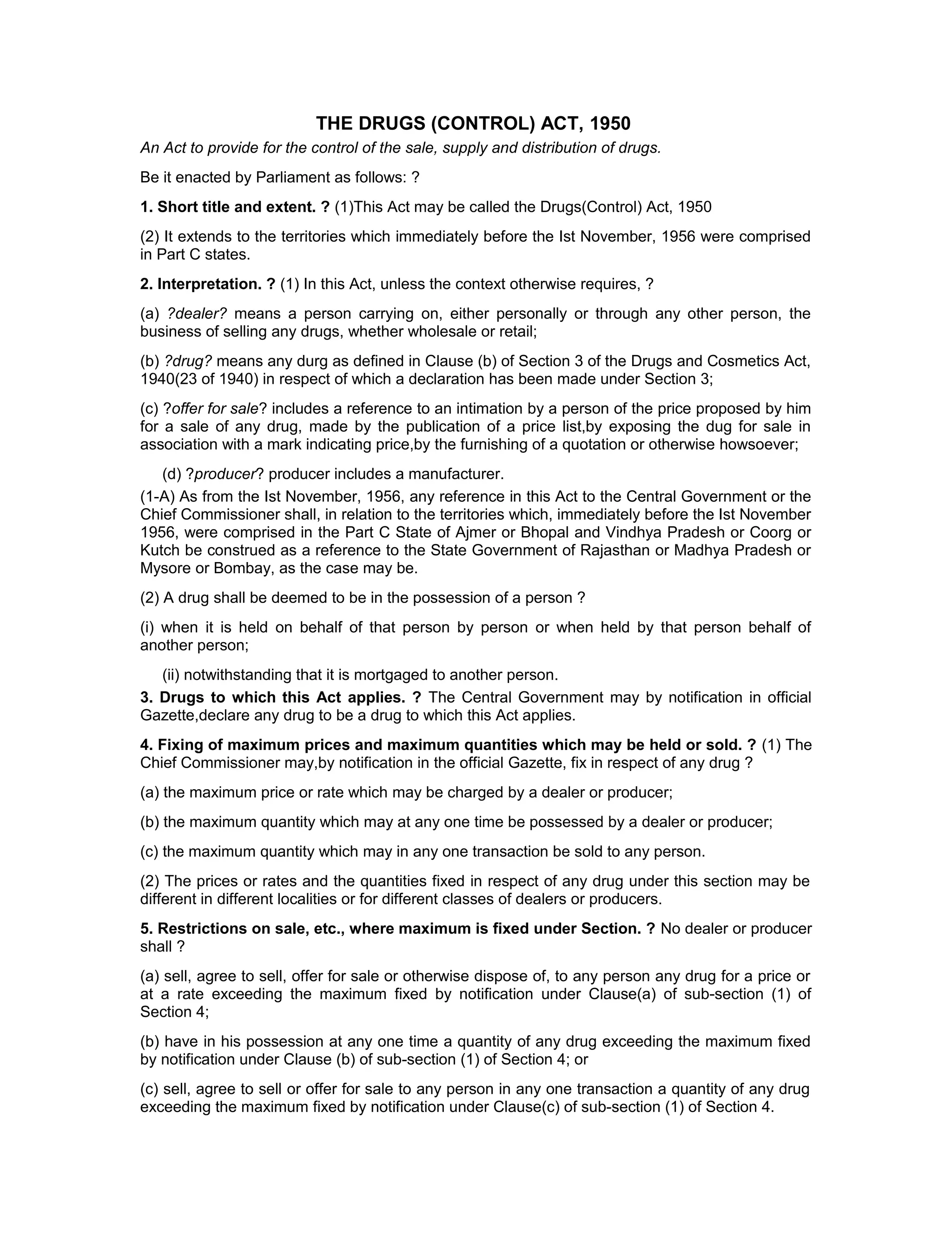 The drugs (control) act, 1950 | DOC