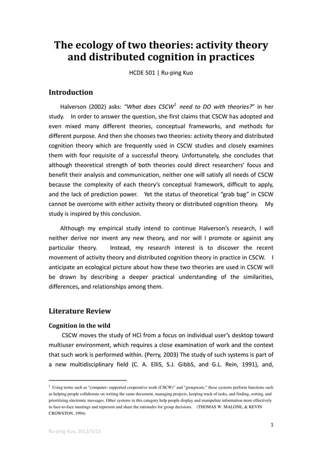 The ecology of two theories: activity theory and distributed cognition ... The ecology of two theories: activity theory and distributed cognition ...