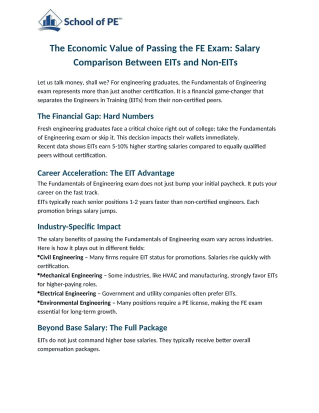 The Economic Value of Passing the FE Exam Salary Comparison Between ...