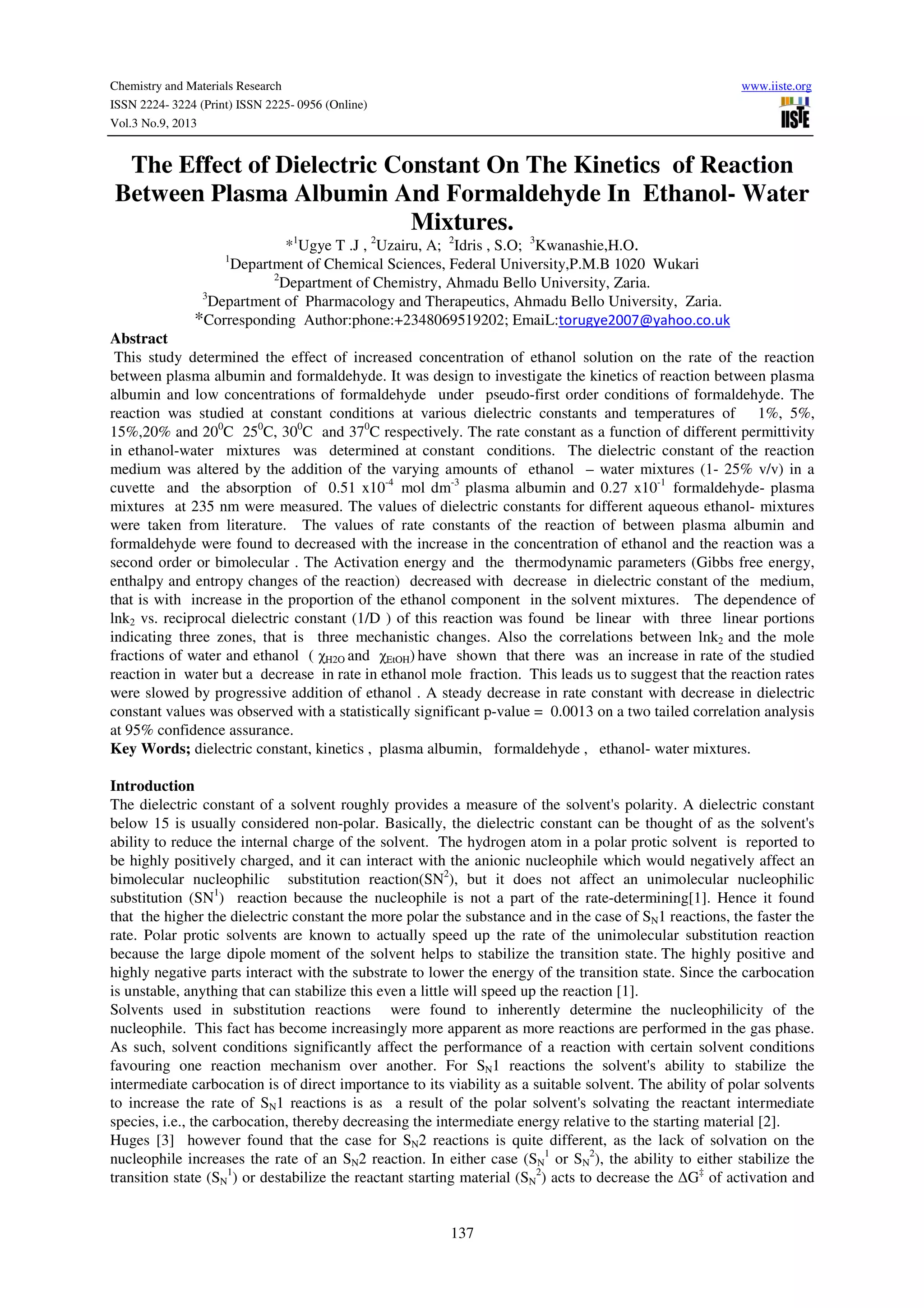 The effect of dielectric constant on the kinetics of reaction between ...