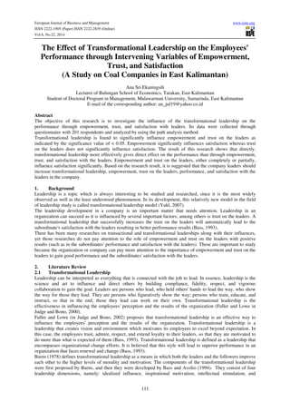 The effect of transformational leadership on the employees' performance through intervening ...