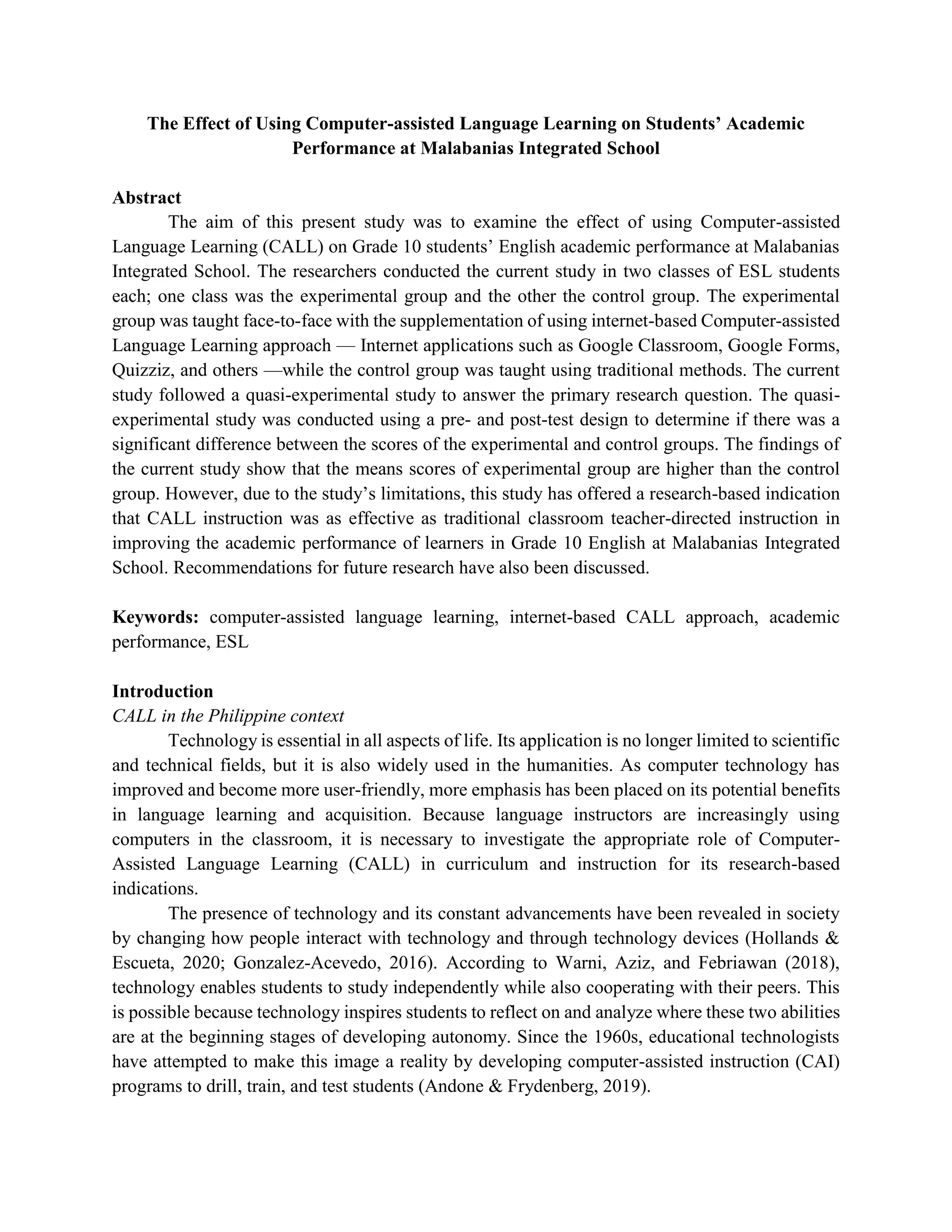 The Effect of Using Computer-assisted Language Learning on Students ...