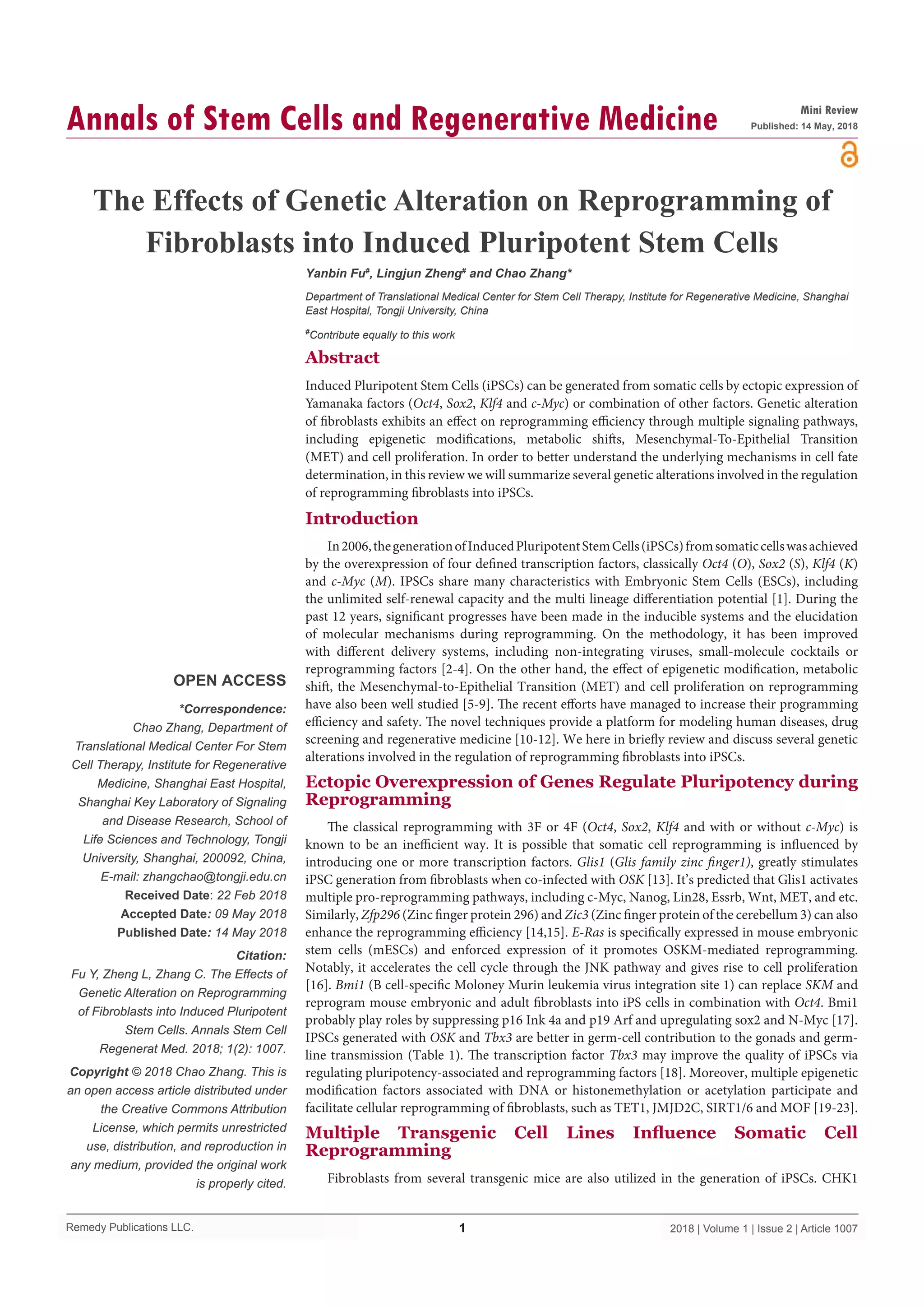 The Effects of Genetic Alteration on Reprogramming of Fibroblasts into ...
