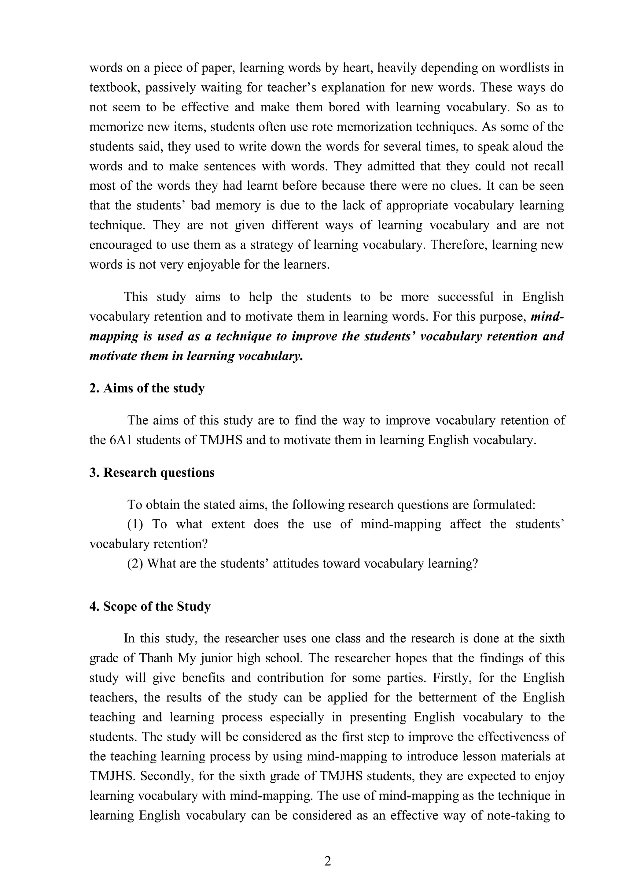 The Effects of mind-mapping on the 6th graders’ vocabulary retention - An action research ...