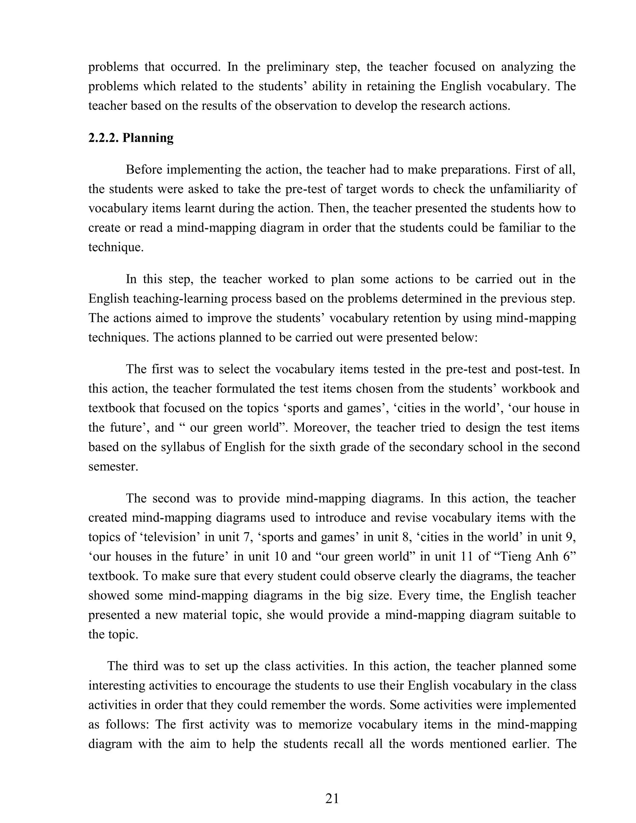 The Effects of mind-mapping on the 6th graders’ vocabulary retention - An action research ...