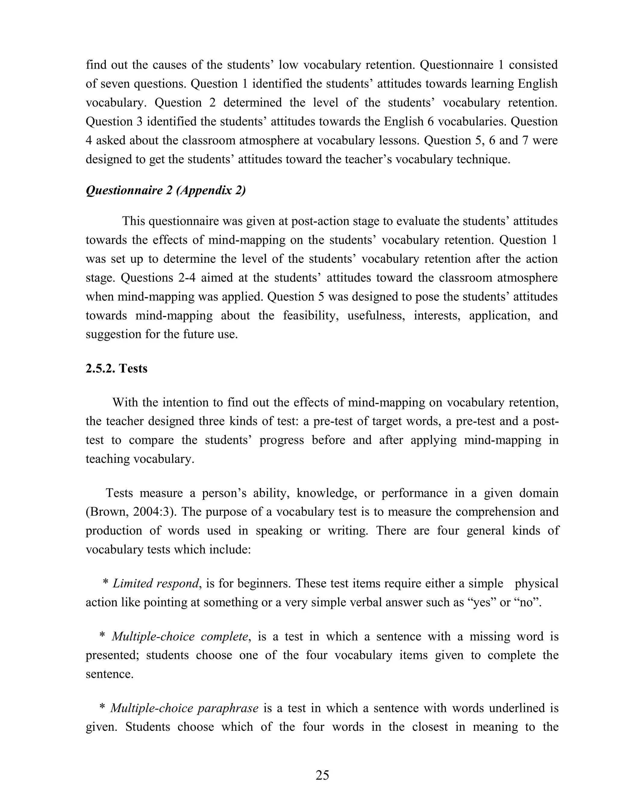 The Effects of mind-mapping on the 6th graders’ vocabulary retention - An action research ...